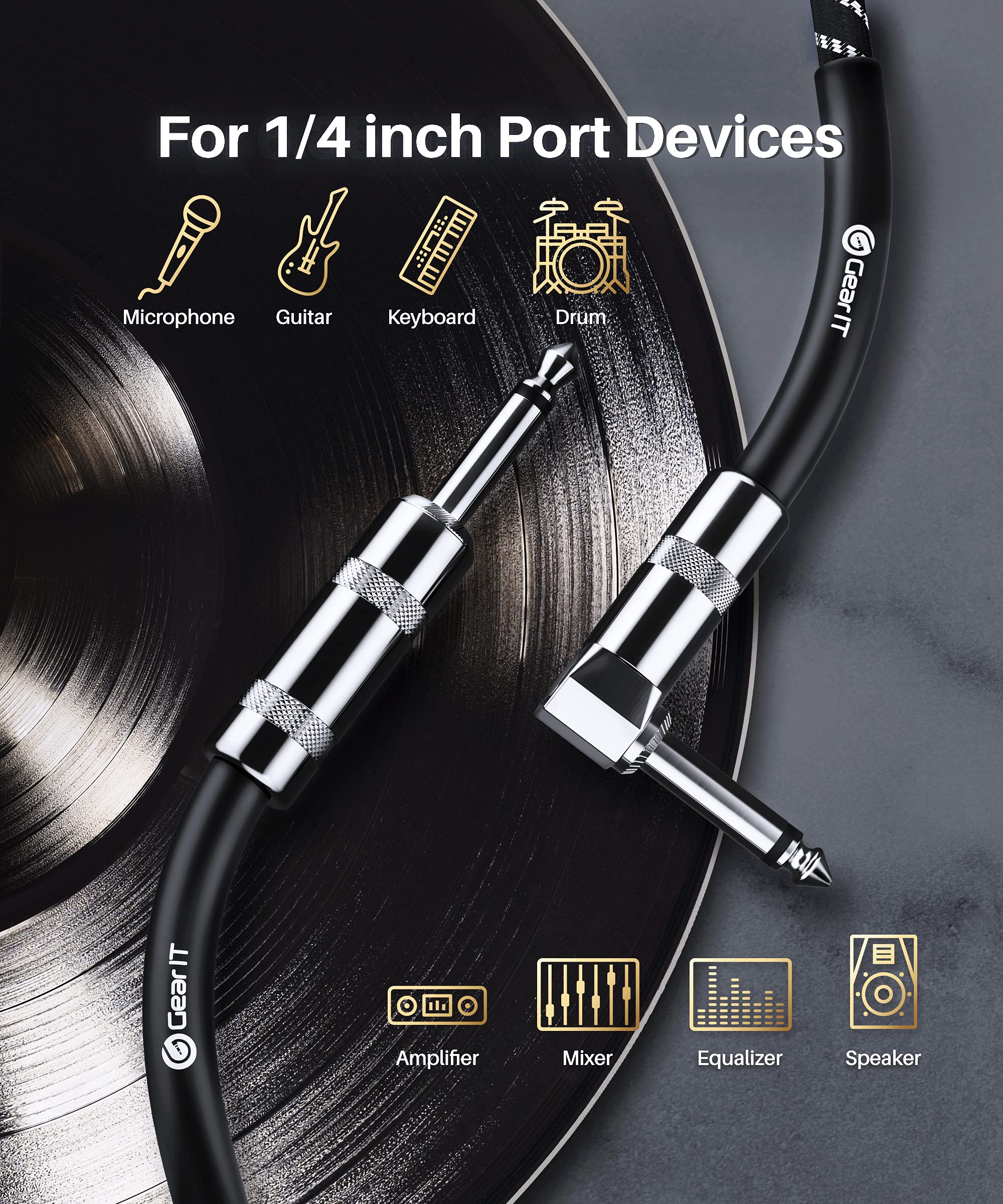 GearIT Audio Instrument Cable (20ft) Right Angle to Straight 1/4 Inch Male to Male for AMP Cord, Base and Electric Guitar - Black/White