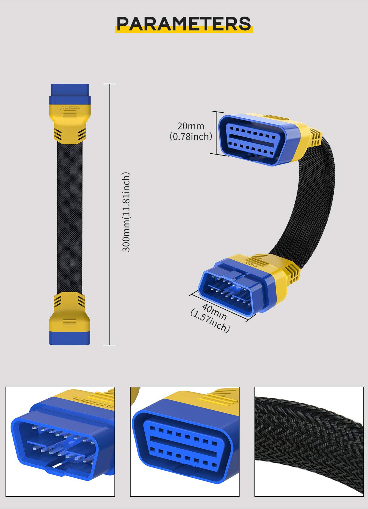 AUTOOL OBDII 16 Pin Male to Female Extension Cable Adapter, Car OBD Diagnostic Extender Cord OBD2 Connecto (Thicken Nylon Material) (30CM)