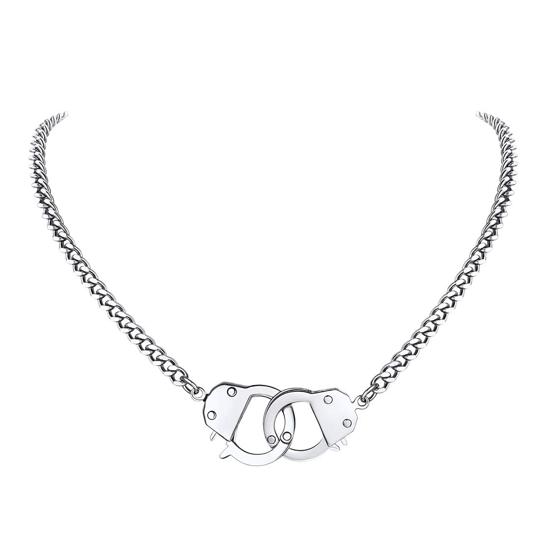 FindChic Handcuff Necklace Partners in Crime Stainless Steel Curb Chain Interlocking 18inch Statement Necklace for Women Men Goth Punk Jewelry