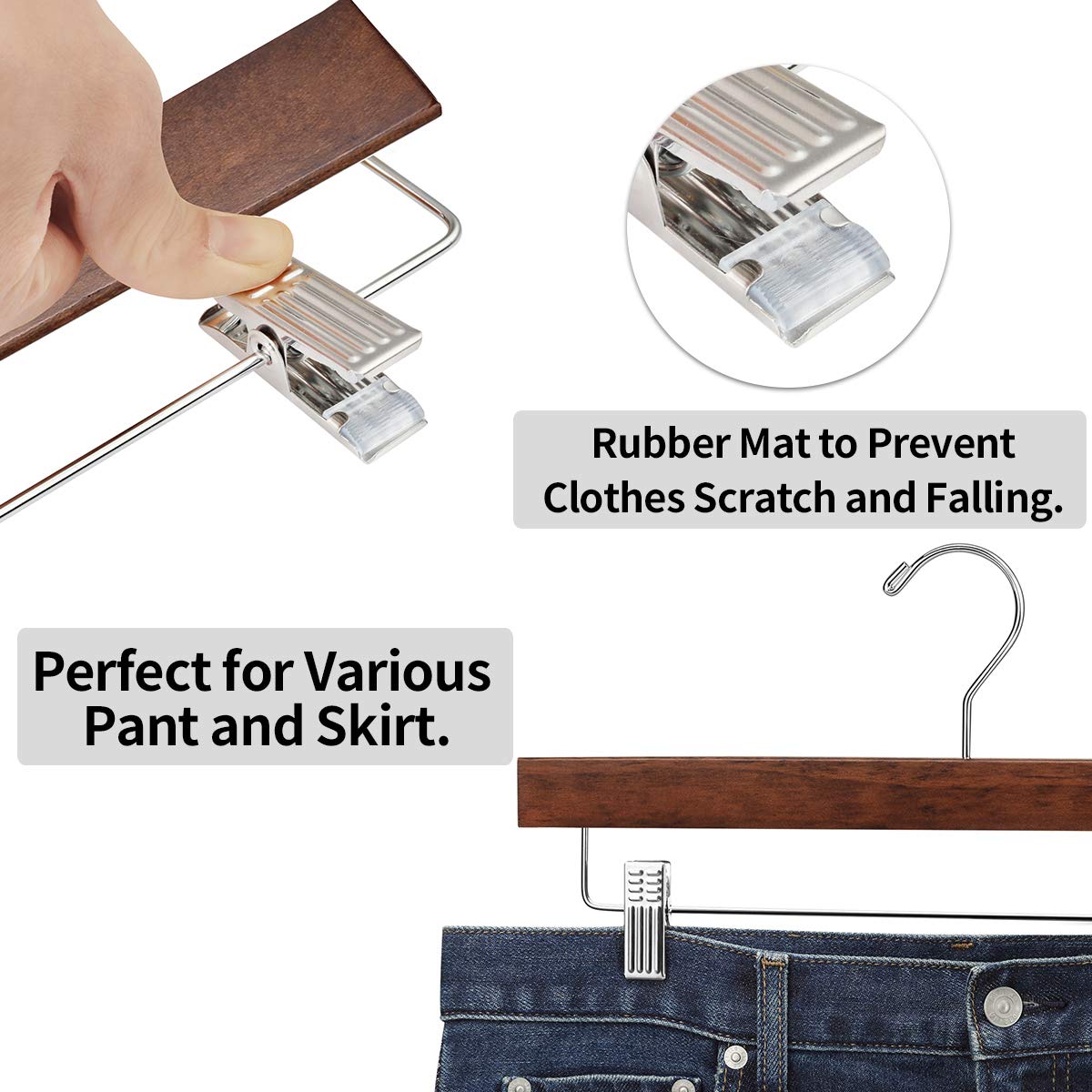 AMKUFO 20pcs Wooden Pants Hangers Solid Pants Hangers with Adjustable Clips 14 Inch Walnut Wood Skirt Hangers Trousers Bottom Hangers with Non-Slip Clips and 360° Swivel Hook