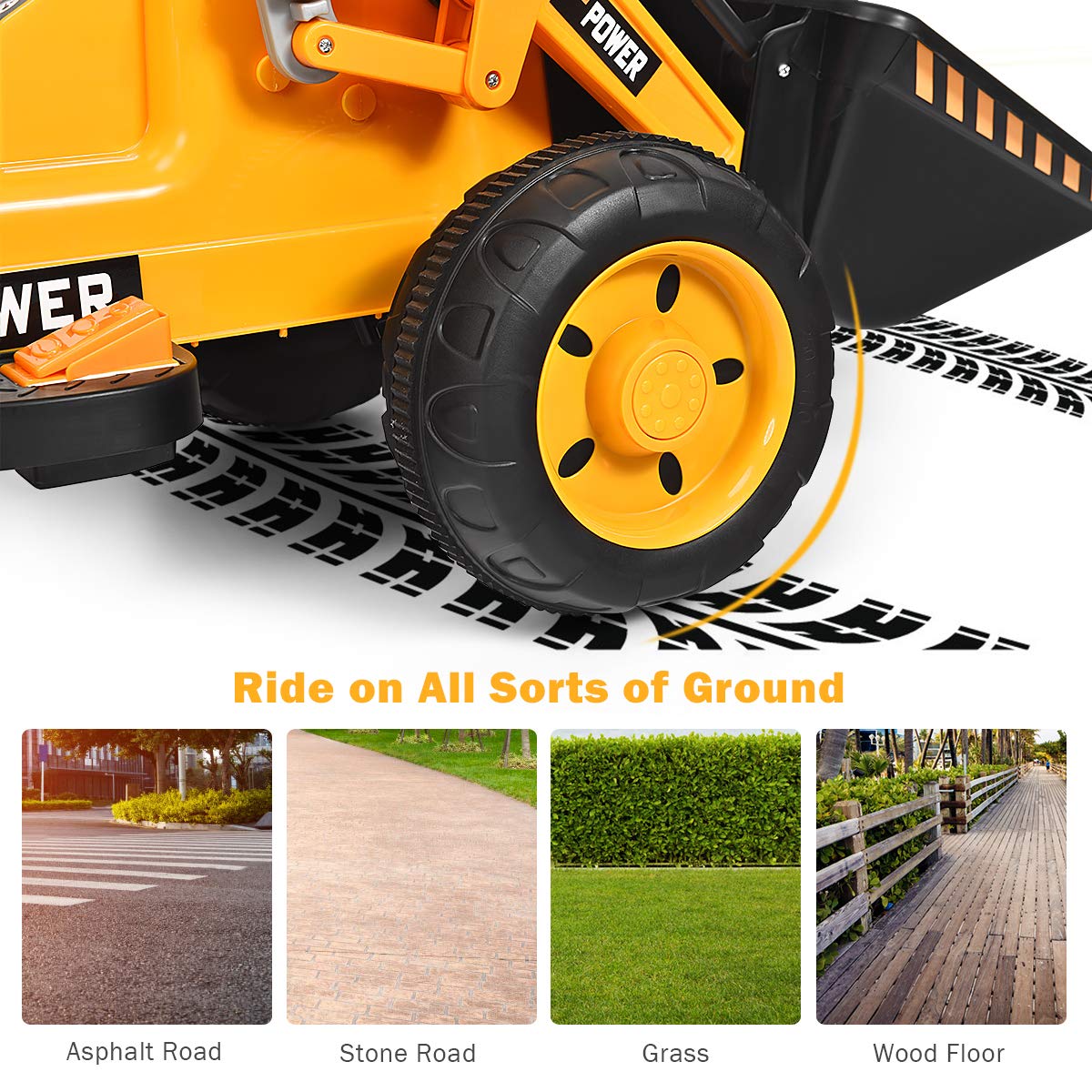 HONEY JOY Ride On Excavator, 6V Battery Powered Wheeled Loader Digger with Working Front Bucket, Forward/Backward, Electric Construction Vehicle for Kids, Ride On Tractor for Boys Girls, Yellow