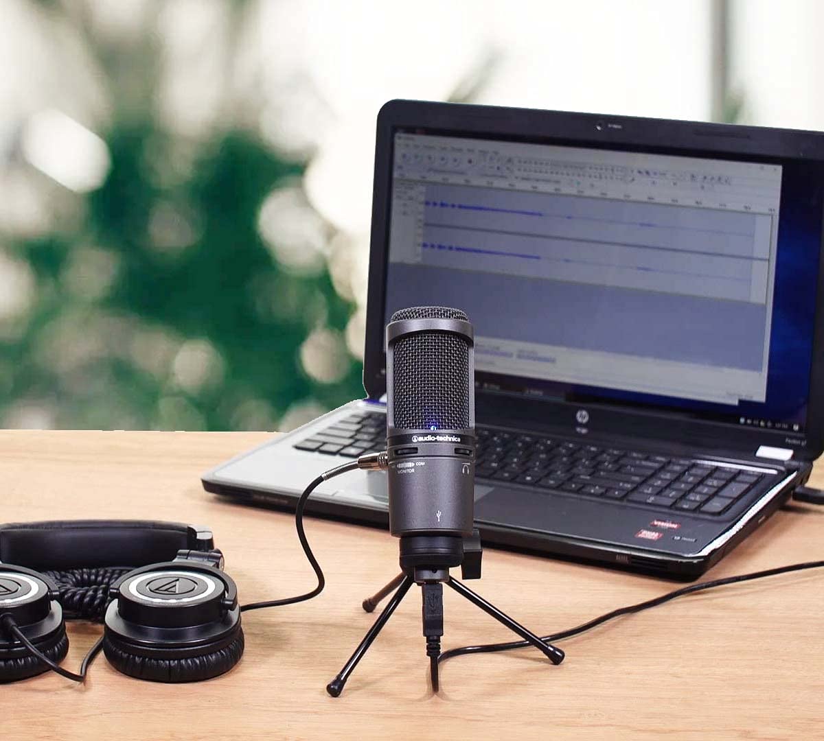 Audio-Technica AT2020USB+ Cardioid Condenser Microphone with Built-in Headphone Jack & Volume Control Bundle with Blucoil Pop Filter, 6" Ring Light, USB-A Mini Hub, and Samson SR350 Headphones