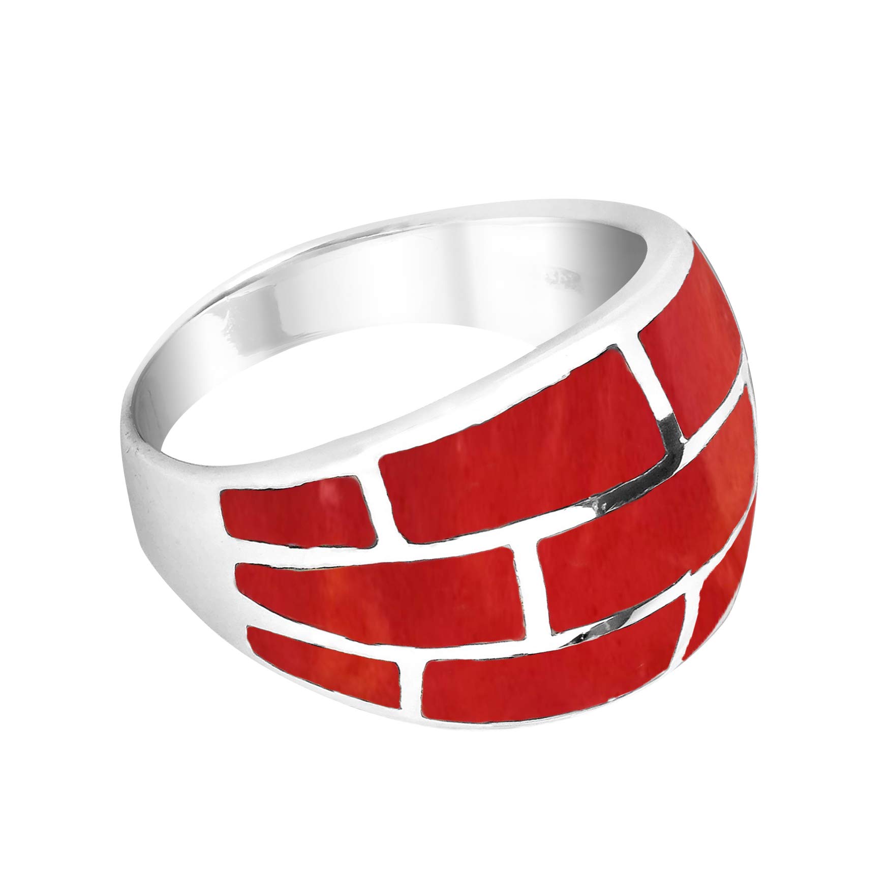 AeraVida Modern Brick Blocks Reconstructed Red Coral Sterling Silver Ring