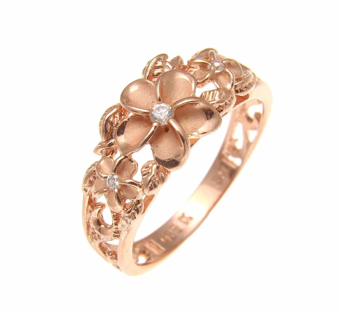 Arthur's Jewelry Rose pink gold plated silver 925 Hawaiian 3 plumeria flower cz ring maile cut out scroll size 4.5
