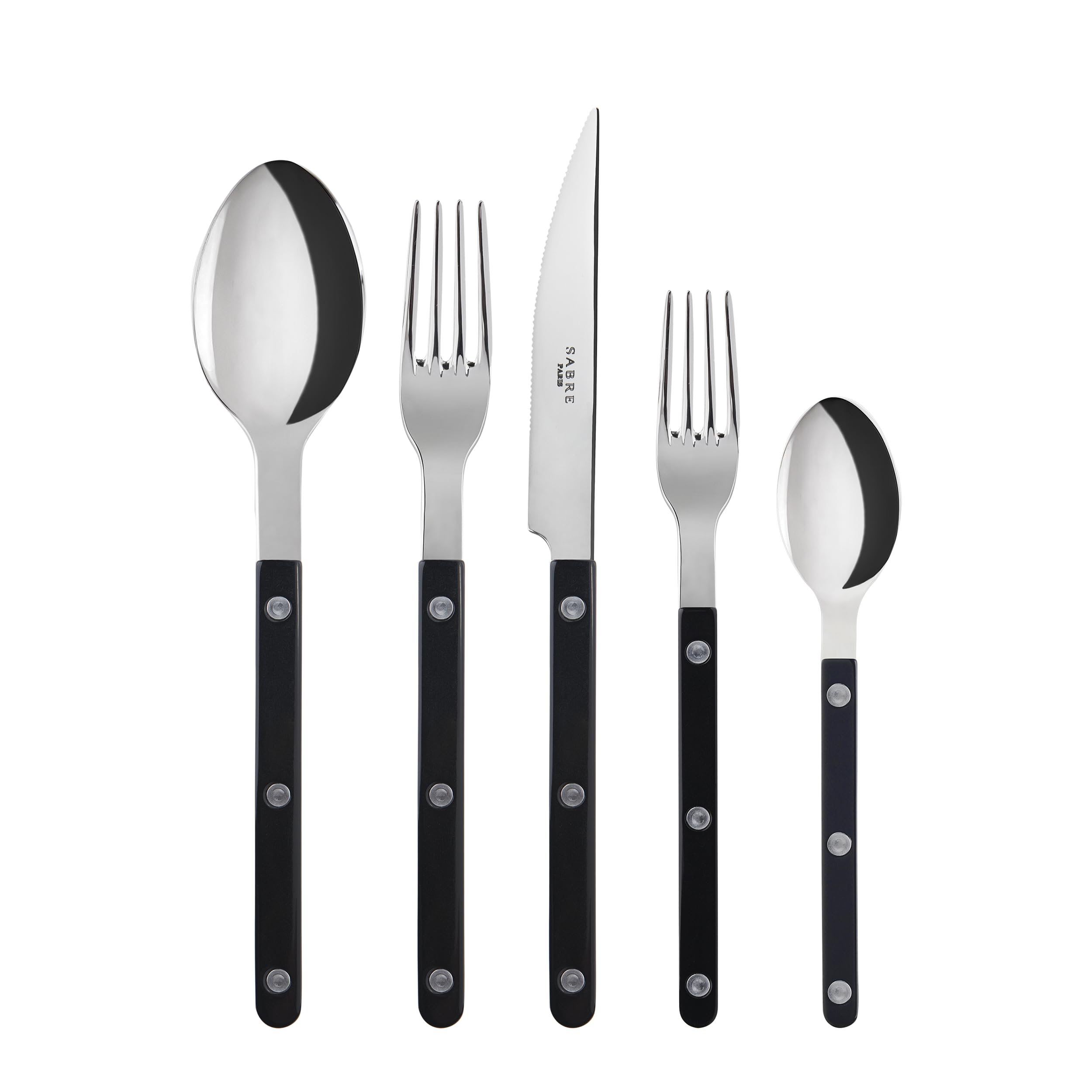 SABRE PARIS - 5-Piece Flatware Set - Bistrot Collection - Knife, Fork, Soup Spoon, Teaspoon & Dessert Fork - Stainless Steel & Nylon - Dishwasher Safe - Fern Green - Brilliant Finish