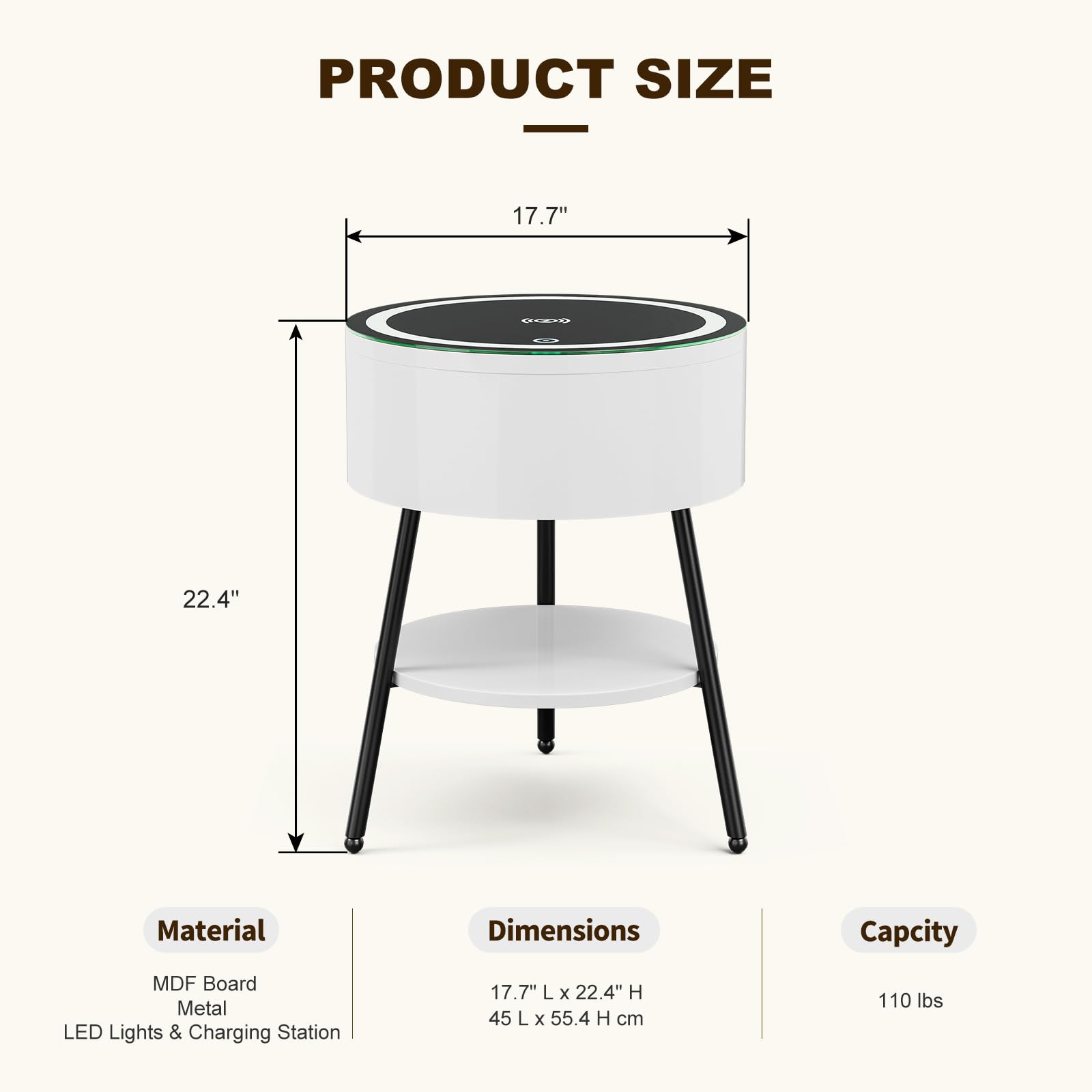 AOVSA Modern LED End Table Nightstands with USB Ports and Wireless Charging, Side Table with Storage Drawer Cabinet and 3-Color Temperature LED Lights for Living Room Bedroom-White