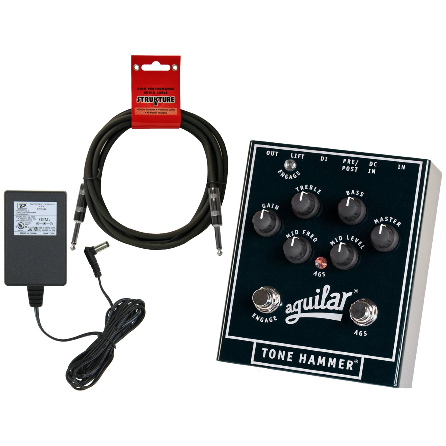 Aguilar Tone Hammer Bass Preamp Direct Box Effect Pedal with Overdrive and 3 Band EQ with 18V Power Adapter and Instrument Cable