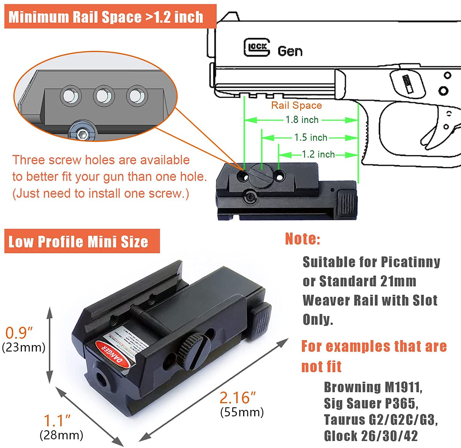 Bayattoo Pistol Laser Sight with Picatinny Weaver Rail Mount for Handgun and Rifle(Red Laser)