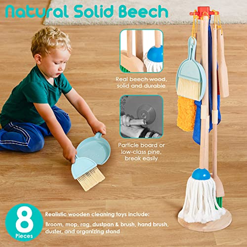HELLOWOOD Kids Cleaning Set, 8pcs Housekeeping Play Set Includes Broom Mop Duster Dustpan Brushes Rag and Organizing Stand, Cleaning Toys Gift for Toddlers Girls Boys Age 3-6, Solid Beech Wood