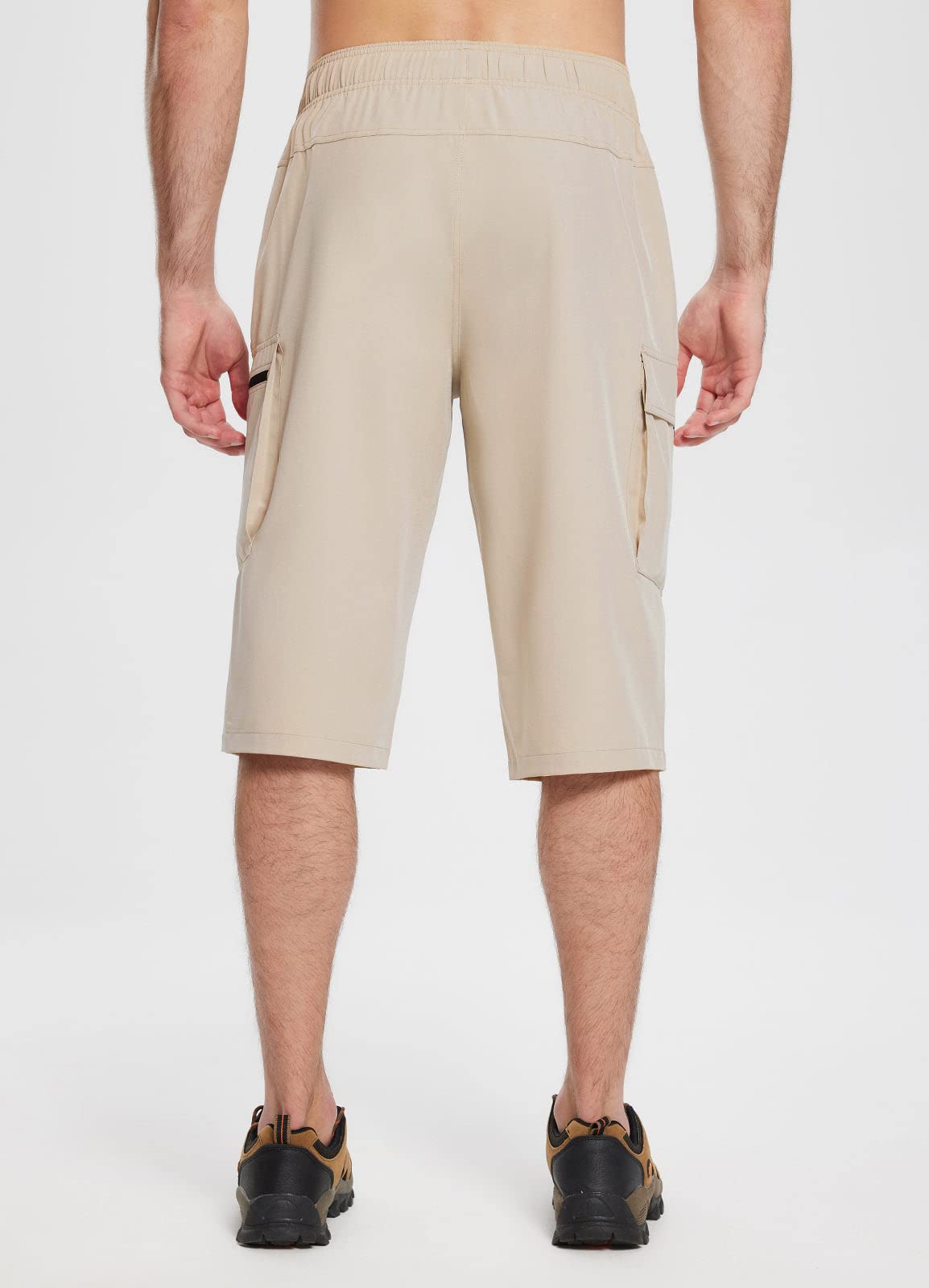 BALEAF Men's Long Shorts Below Knee 15" Capri Pants Hiking Cargo Pockets Quick Dry Lightweight Elastic Waistband Gym Khaki L