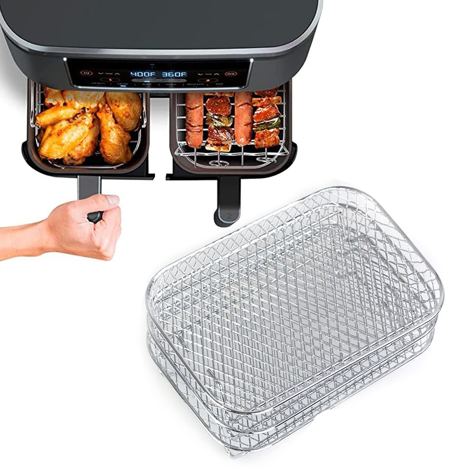 Air Fryer Rack Fit NINJA, Instant Vortex, Chefman Dual Zone; Rectangle Three Stackable Racks,Stainless Steel Multi-Layer Dehydrator Rack Double Zone Air fryer Accessories