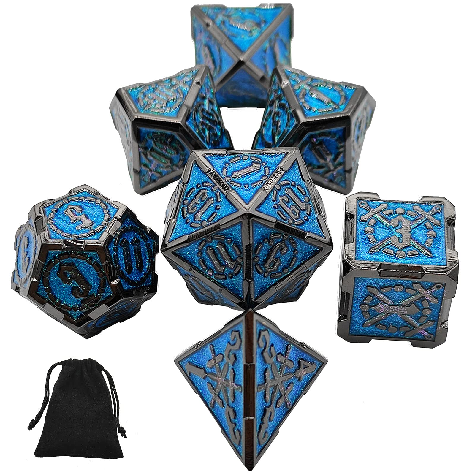 Metal DND Dice Set D&D Dungeons and Dragons Sword Dice Gift D20 Polyhedron Suitable for Rolling RPG MTG Pathfinder Board Game Accessories Free Velvet Bag-Black Nickel Glitter Blue