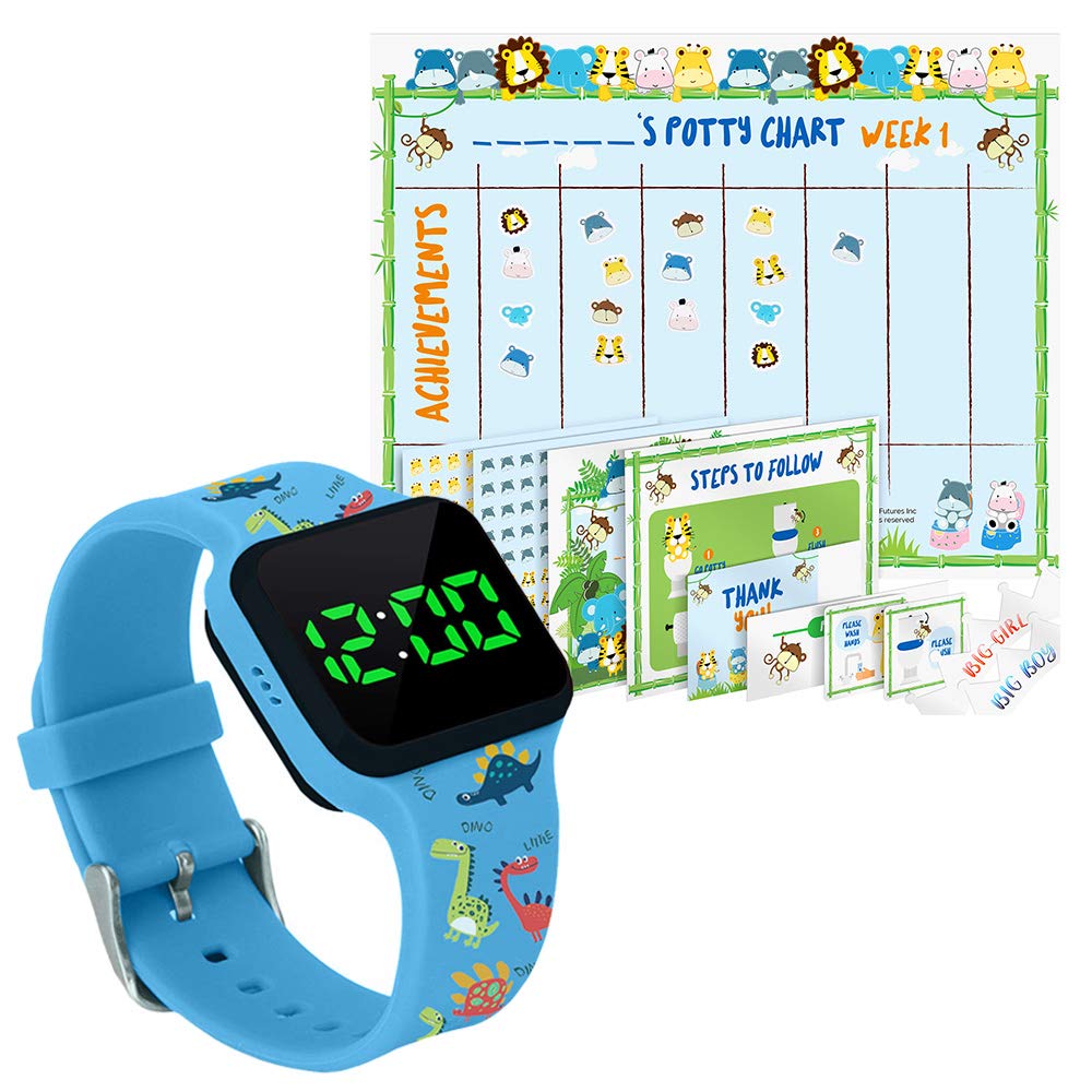 ATHENA FUTURES Potty Training Timer Watch with Flashing Lights and Music Tones and Potty Training Chart for Toddlers - Fun Animal Design