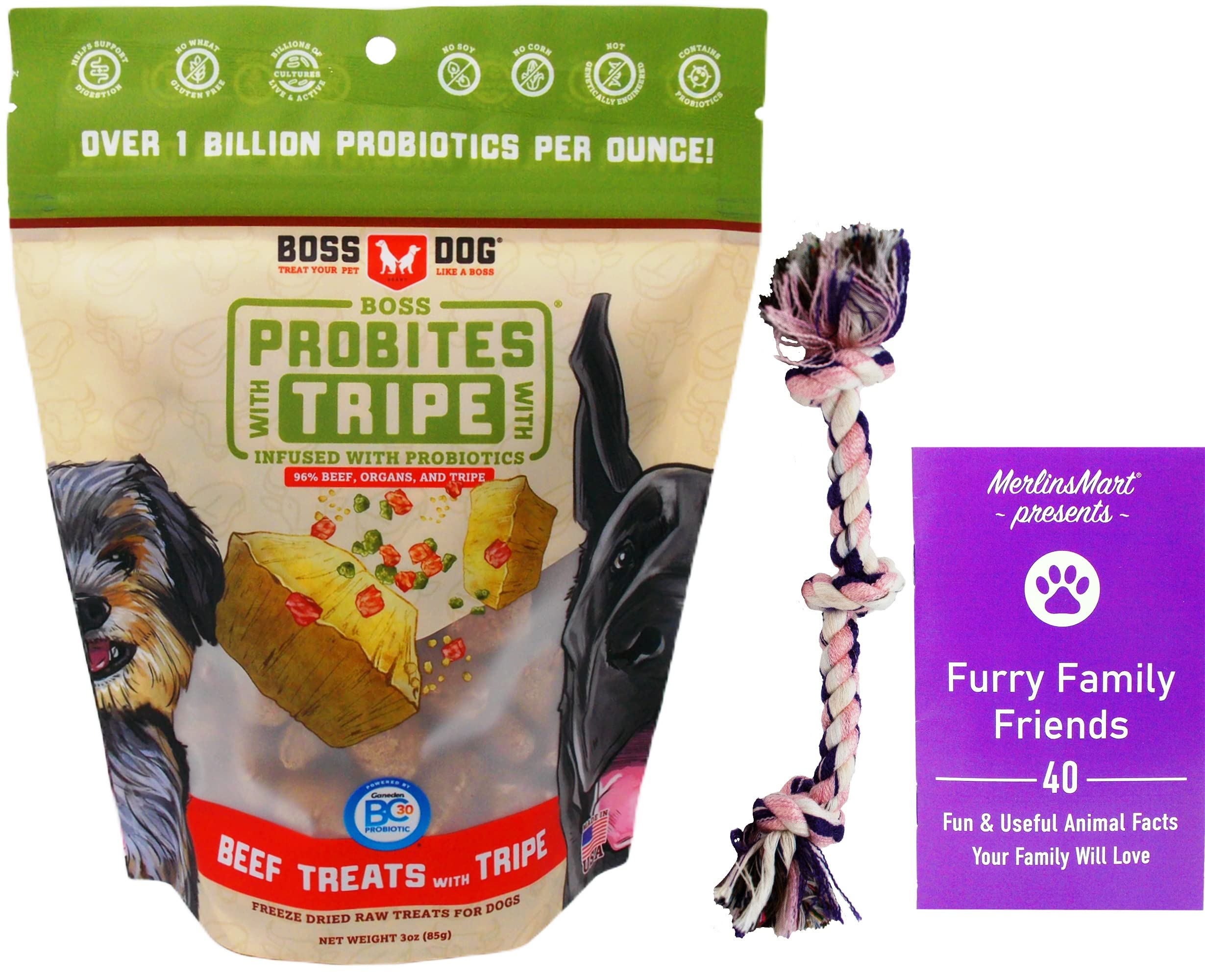 Boss Dog ProBites Freeze Dried Raw Dog Treats Infused with Probiotics - Beef (3 Ounces) - Plus Rope Toy and Fun Animal Facts Booklet Bundle