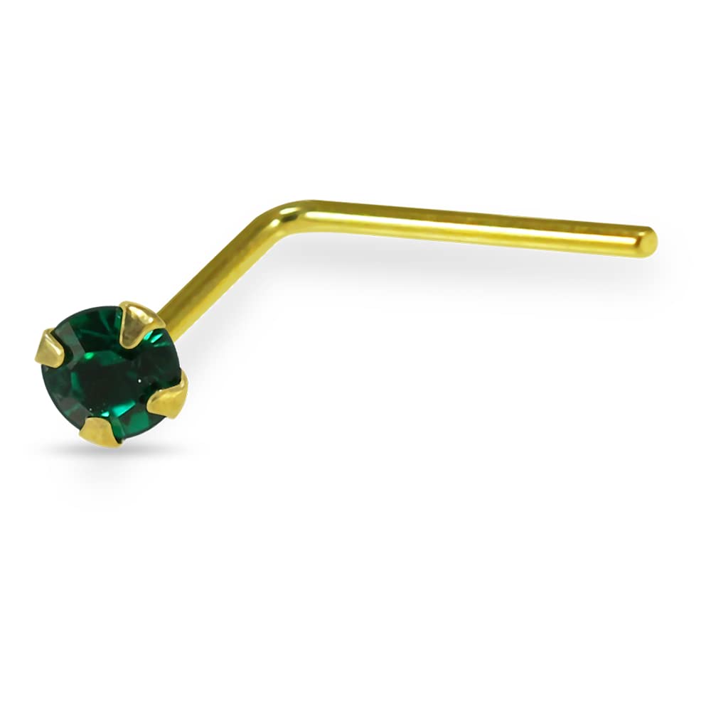 AtoZ Piercing - 9K Solid Yellow Gold Claw Set 2MM Emerald Green Crystal Stone 22 Gauge L Bend Nose Stud Piercing Jewelry