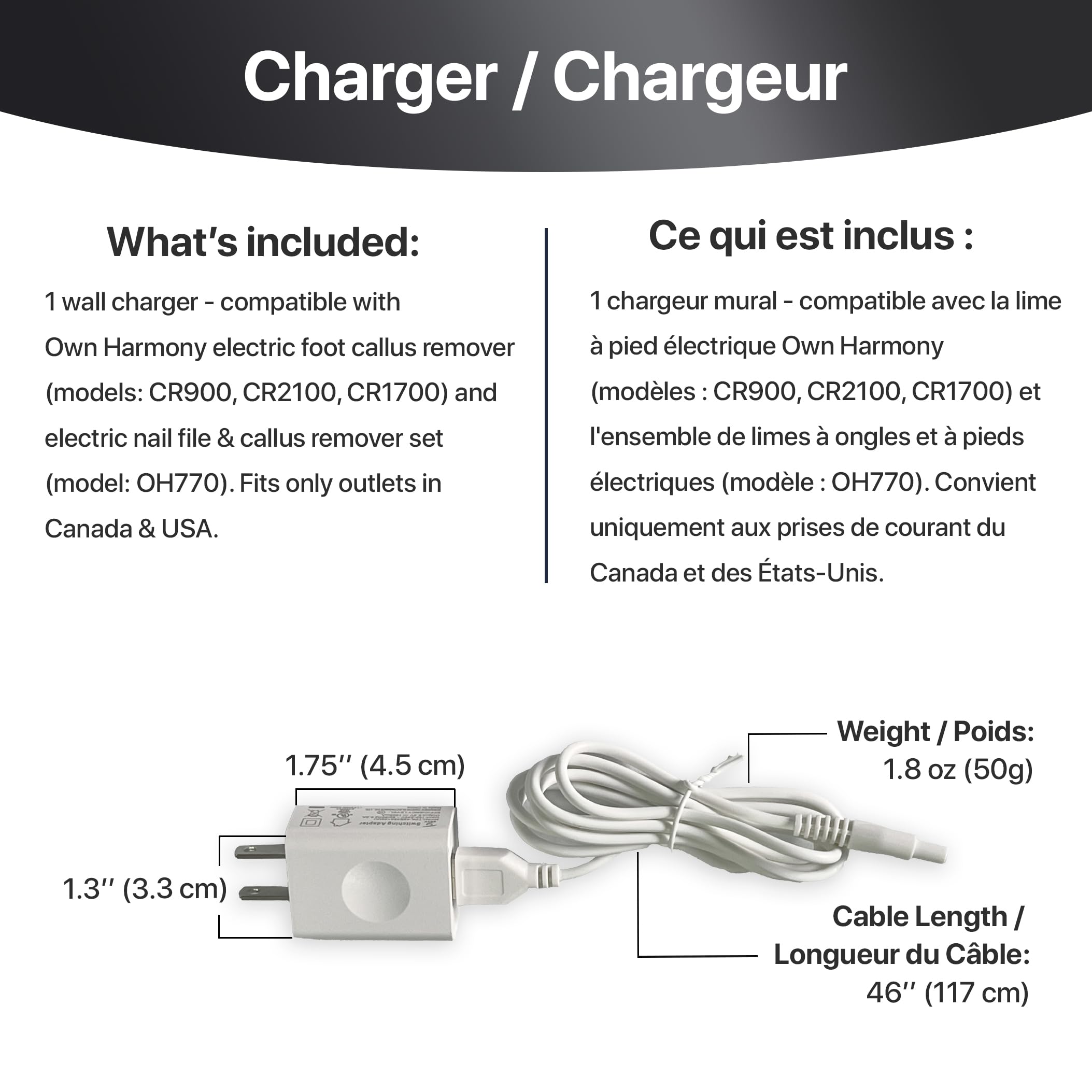 Own Harmony Charging Adaptor for Electric Foot Callus Remover Models CR900, CR2100, CR1700 - USB Charger Works Only with Nail Care Kit & Pedicure Tools by Own Harmony