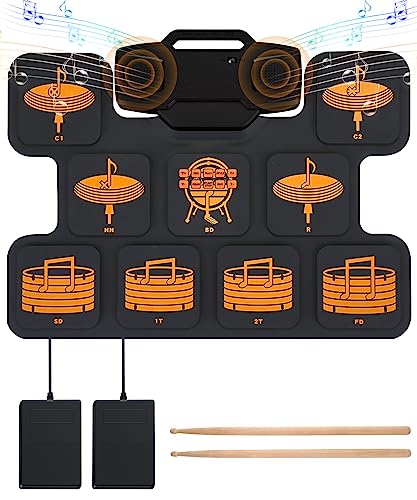 Asmuse Electronic Drum Set, Portable Digital Roll-Up Drum Practice Pad,2000mAh Rechargeable 9 Pads 2 Pedals with Built-in Dual Speakers Christmas& Birthday Gift
