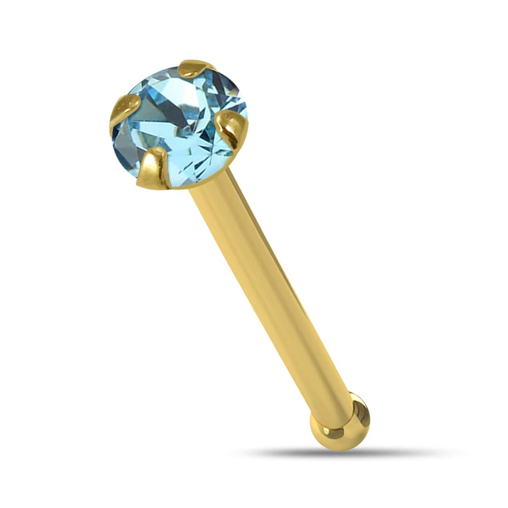 AtoZ Piercing 2MM Aquamarine Genuine Crystal Stone 14ct Solid Yellow Gold 22 Gauge - 6MM Length Nose Bone Nose Stud