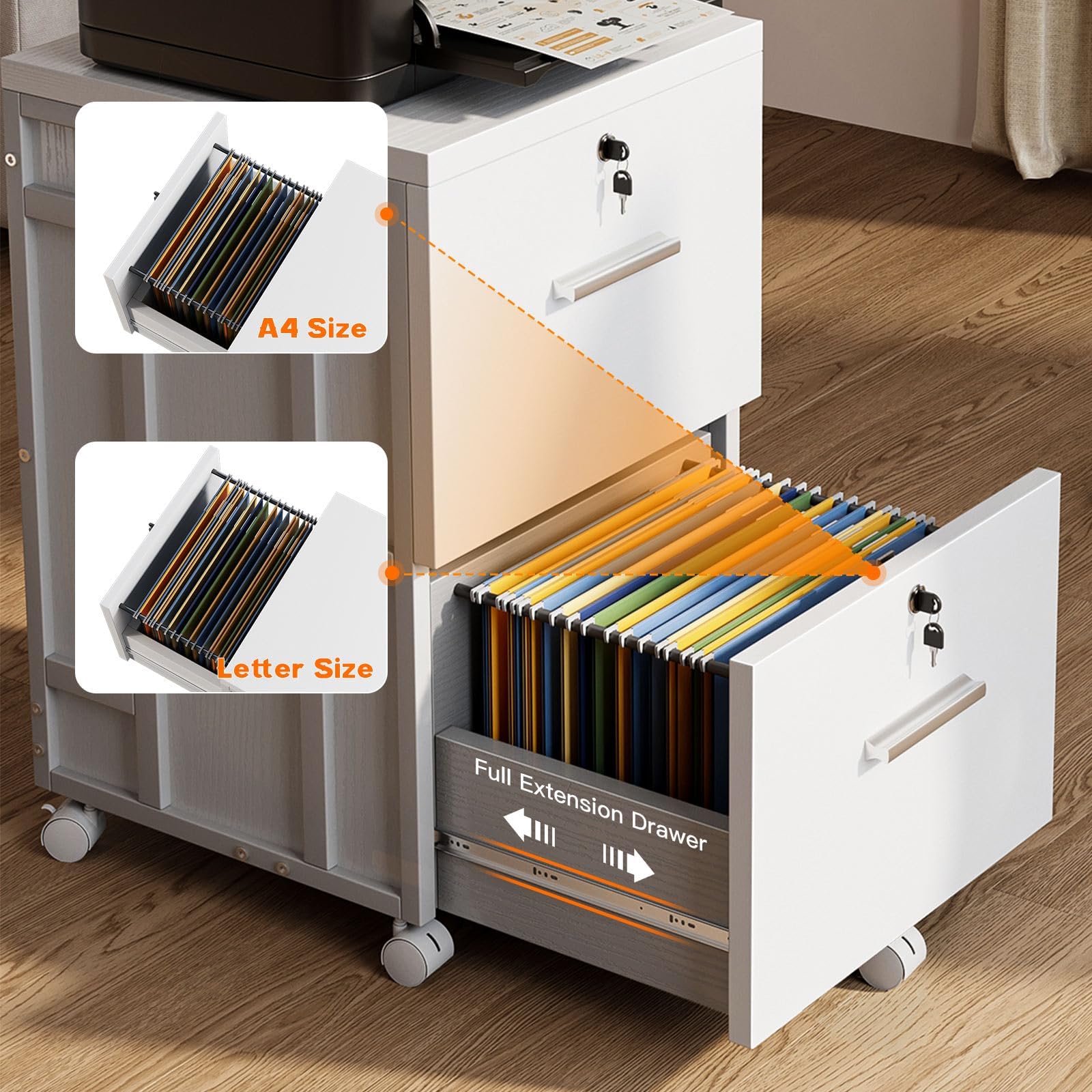 AODK Mobile File Cabinet Fully Assembled Filing Cabinet for Home Office, Small File Cabinets with Lock, Office Storage Cabinet 2 Drawer for Legal/Letter/A4 File, Black