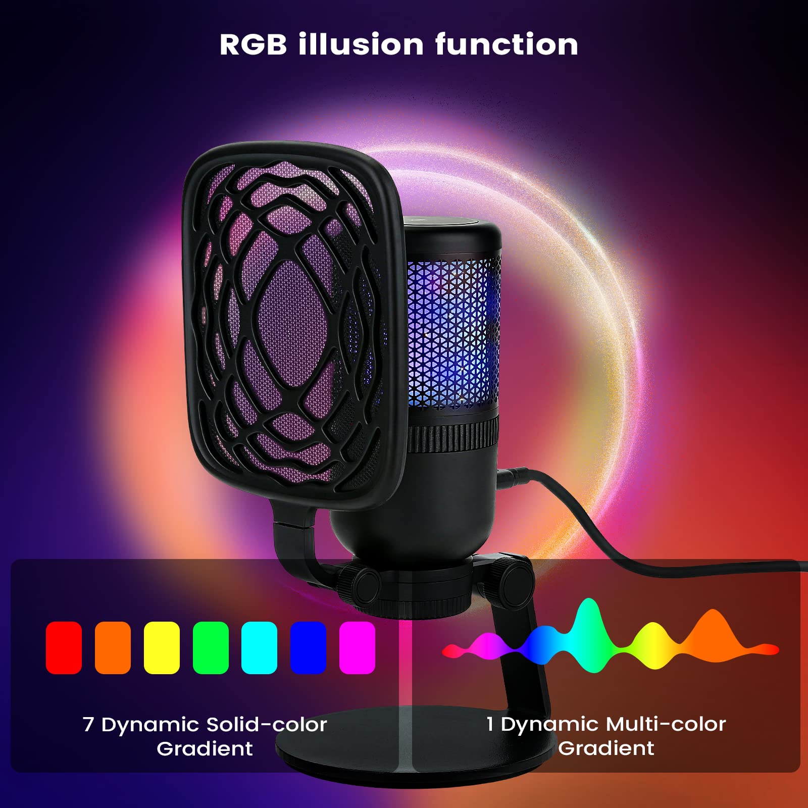 Asmuse Gaming PC USB Microphone, Podcast Condenser Mic with Boom Arm, Pop Filter, Mute Button for Streaming,Online Chat, RGB Computer Mic for PS4/5 PC Gamer YouTube