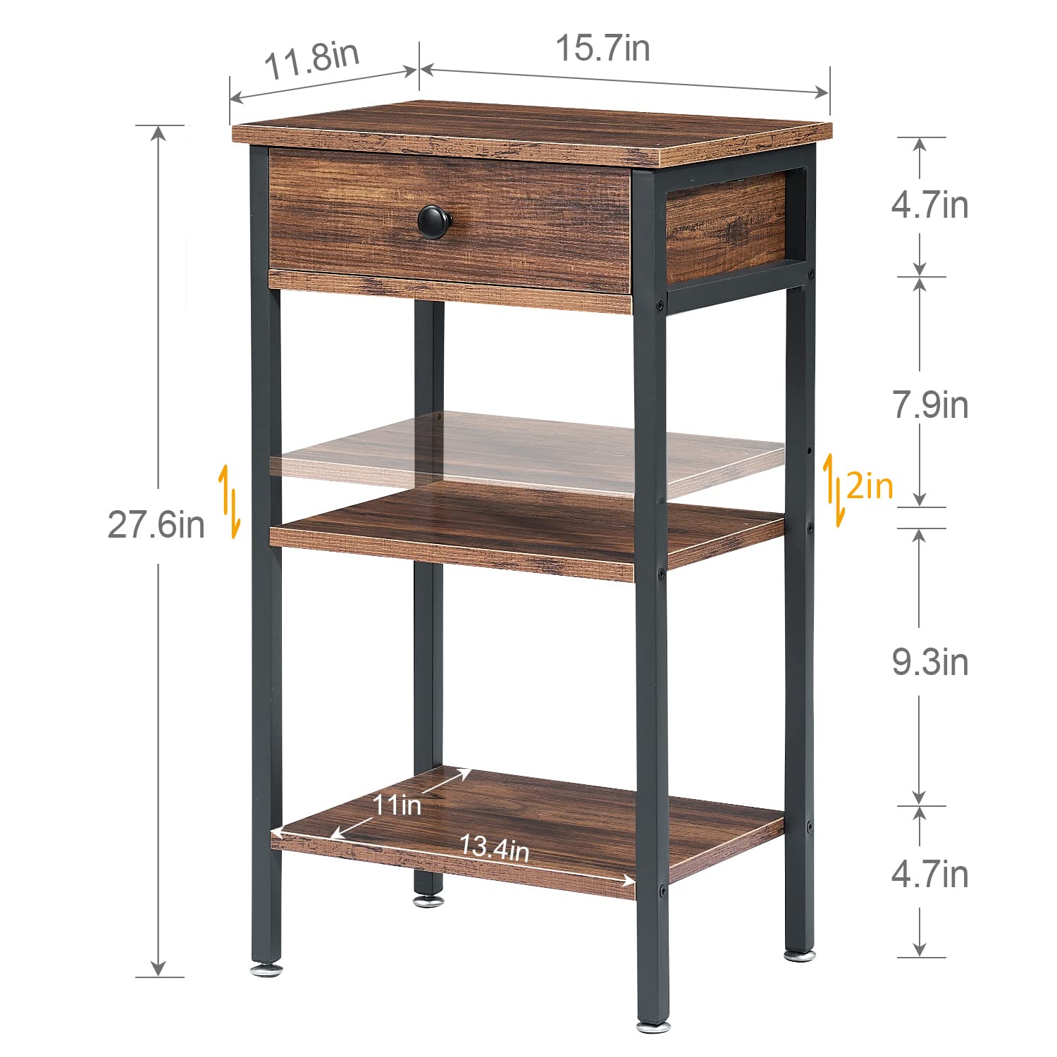 VECELO Tall End Side Table,Nightstand with Adjustable Shelf and Bin Drawer for Living Room/Bedroom/Entryway Small Spaces