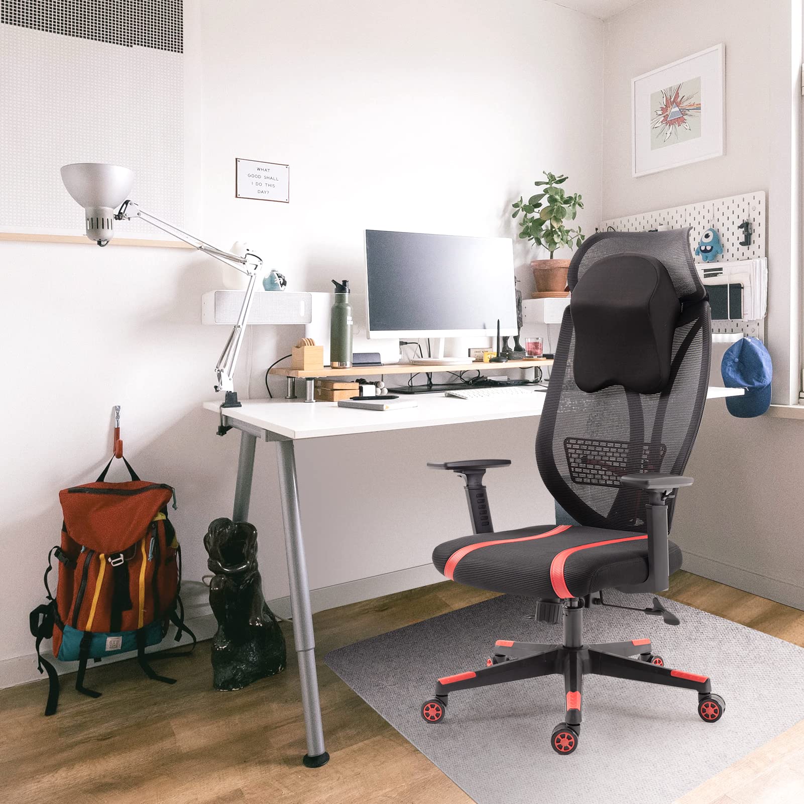 Aodrova Office Chair Gaming Chair with Extra Large Bionic Headrest, Breathable Mesh Office Chair with Ergonomic Lumbar Support and Adjustable 3D Armrests (Red)