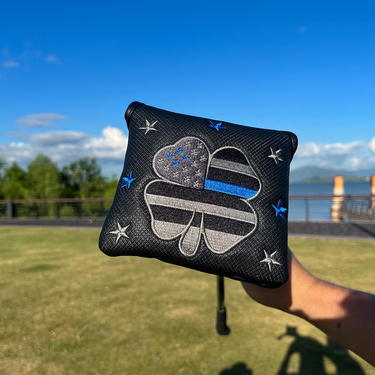 Barudan Golf Square Mallet Putter Cover Headcover Magnetic - Premium Leather Golf Putter Head Cover with Clover USA Embroidery