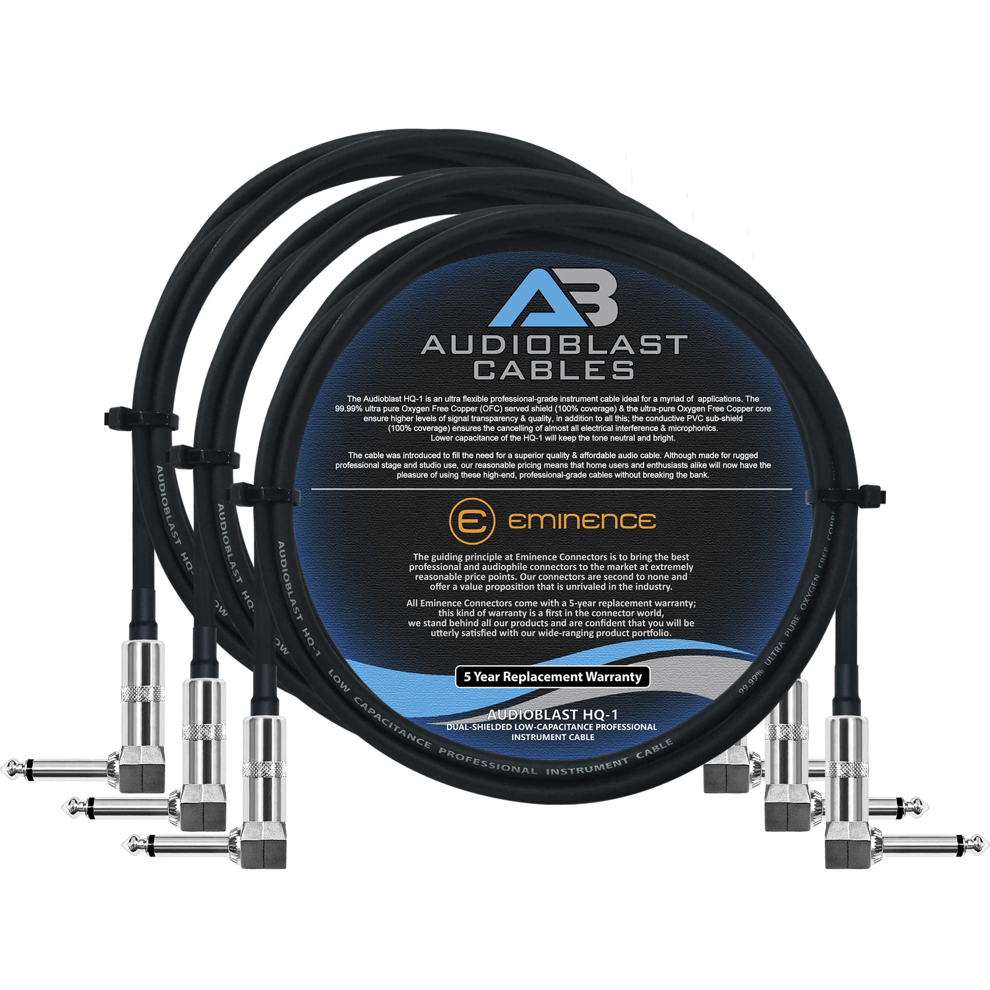 Audioblast - 3 Units - 2 Foot - HQ-1 - Ultra Flexible - Dual Shielded (100%) - Guitar Instrument Effects Pedal Patch Cable w/Eminence Right-Angled ¼ inch (6.35mm) TS Plugs & Double Staggered Boots