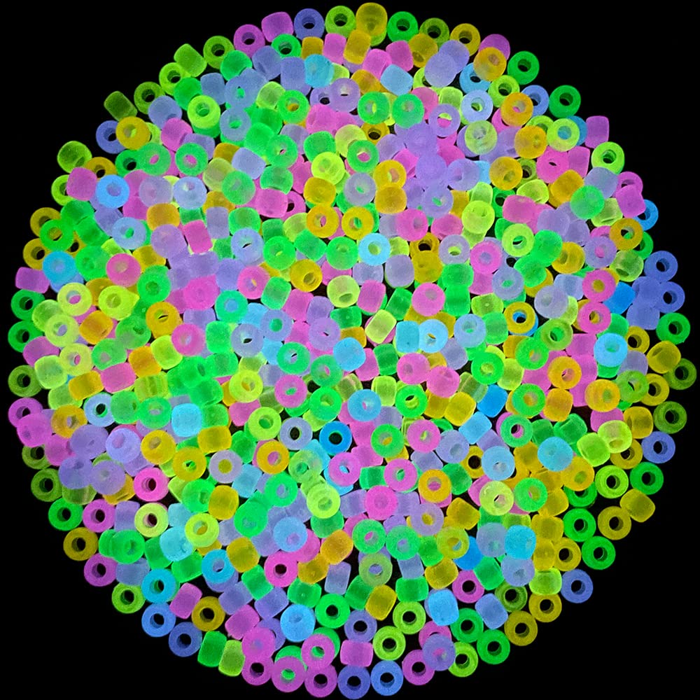 DULEFUN 1000pcs Glow in The Dark Pony Beads Mix 9 Colors Glow Pony Beads Luminous Beads Bulk Acrylic Hair Beads Plastic Pony Beads for Hair Braiding Bracelets Necklaces Making
