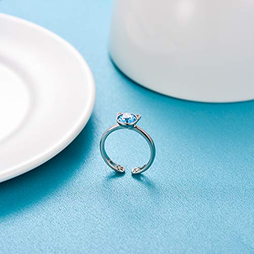 AOBOCO 925 Sterling Silver Cute Kitty Cat Open Wrap Ring Adjustable Stacking Animal Bands Ring with Hollow Out Cat Paws and Created Blue Aquamarine Austrian Crystal