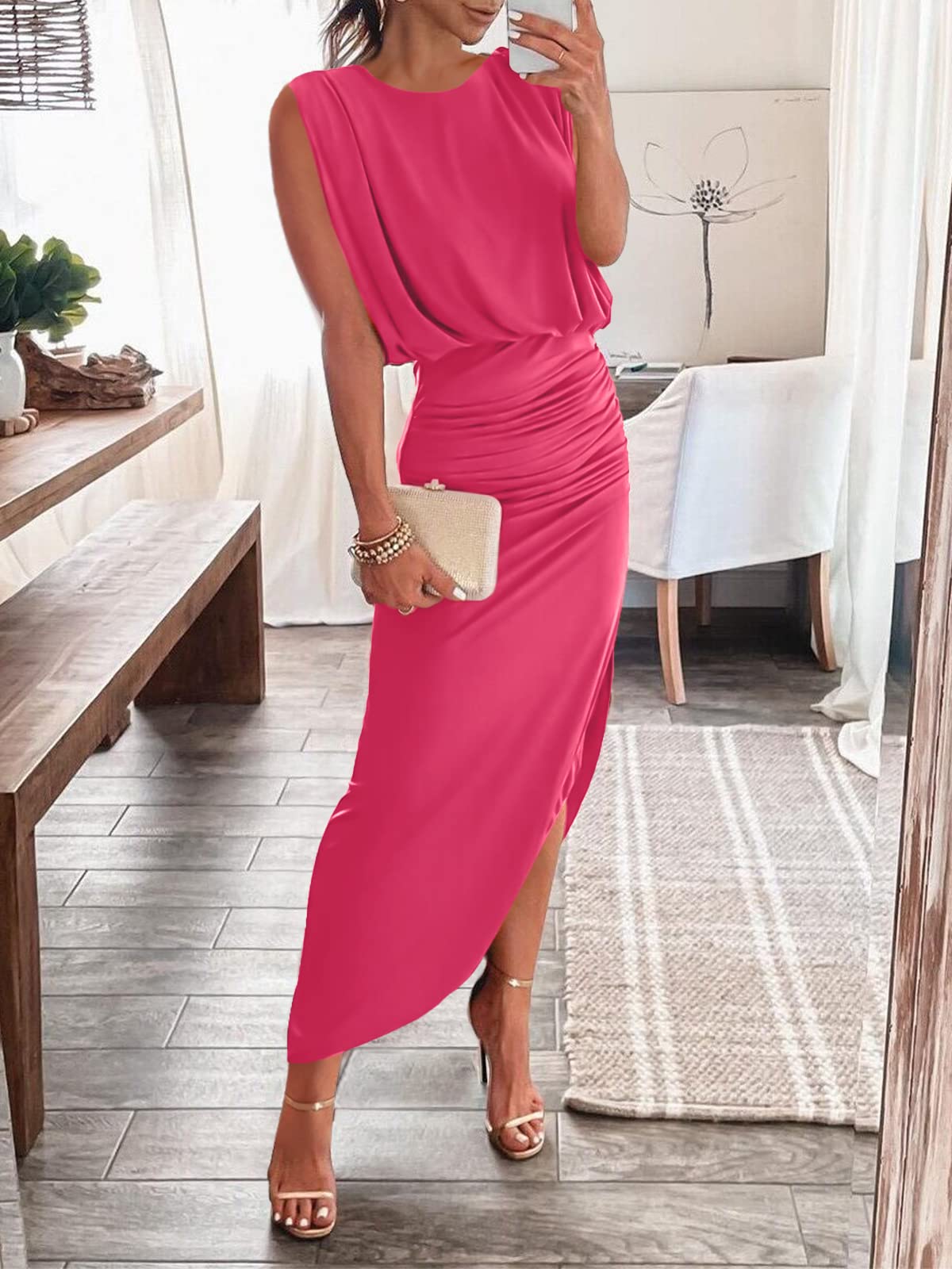 ANRABESS Women 2023 Summer Sleeveless Ruch Bodycon High Waist Asymmetric Slit Cocktail Maxi Dress Black Medium