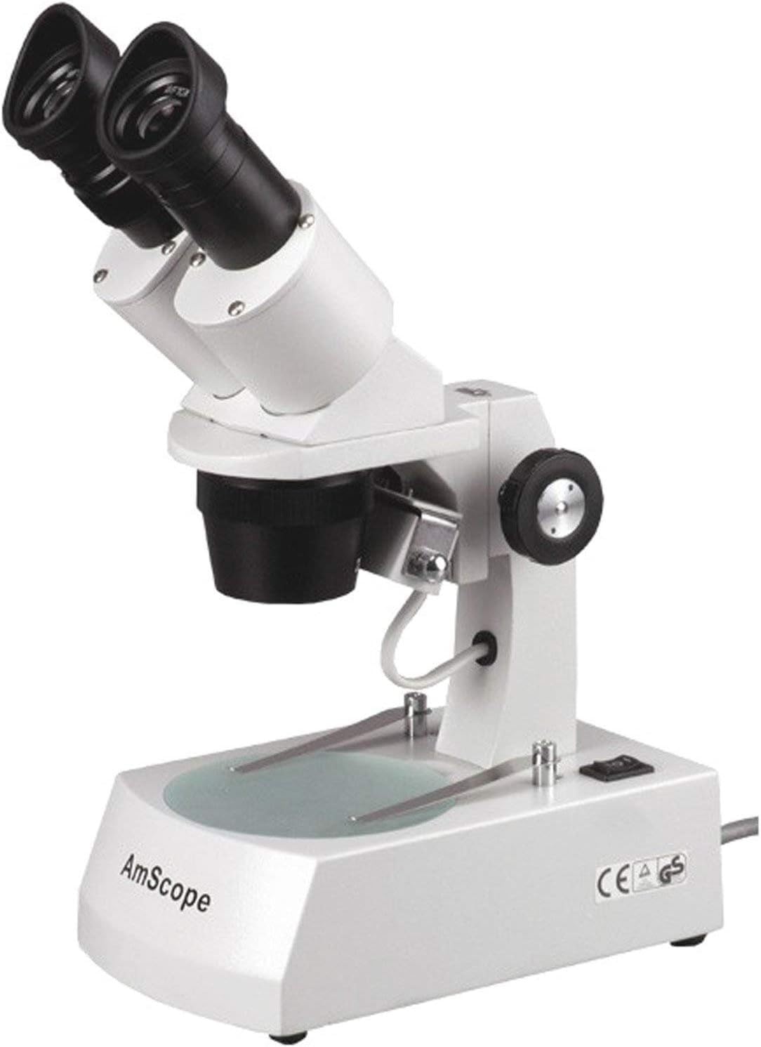 AmScope SE305R-AZ Forward-Mounted Binocular Stereo Microscope, WF10x and WF20x Eyepieces, 10X/20X/30X/60X Magnification, 1X and 3X Objectives, Upper and Lower Halogen Light Source, Arm Stand, 120V