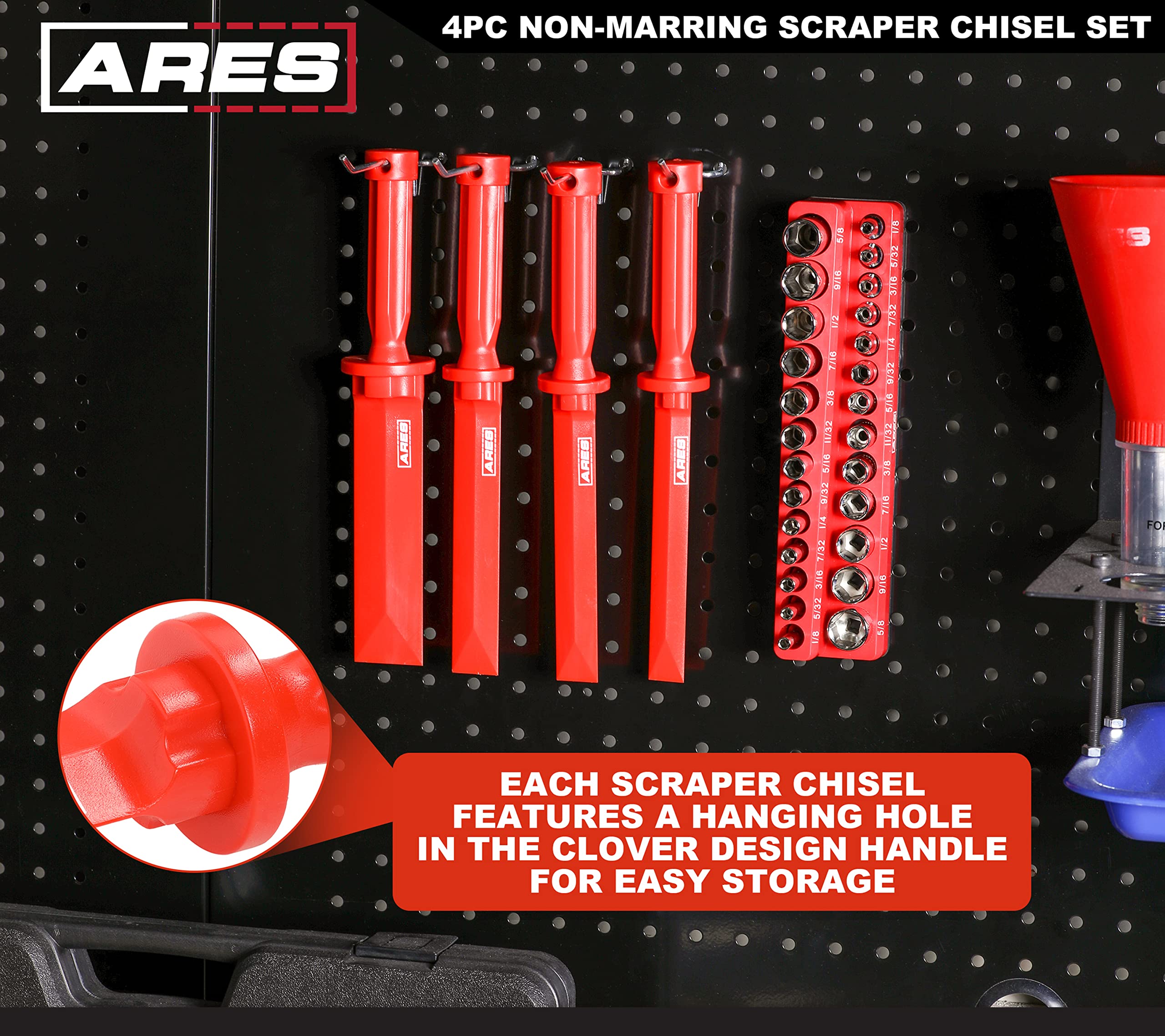 ARES 10083 – 4-Piece Non-Marring Scraper Chisel Set – Thermoplastic Construction Resists Flexing and Breaking – Safely Removes Debris, Adhesives, Film, Deposits and More from a Variety of Surfaces