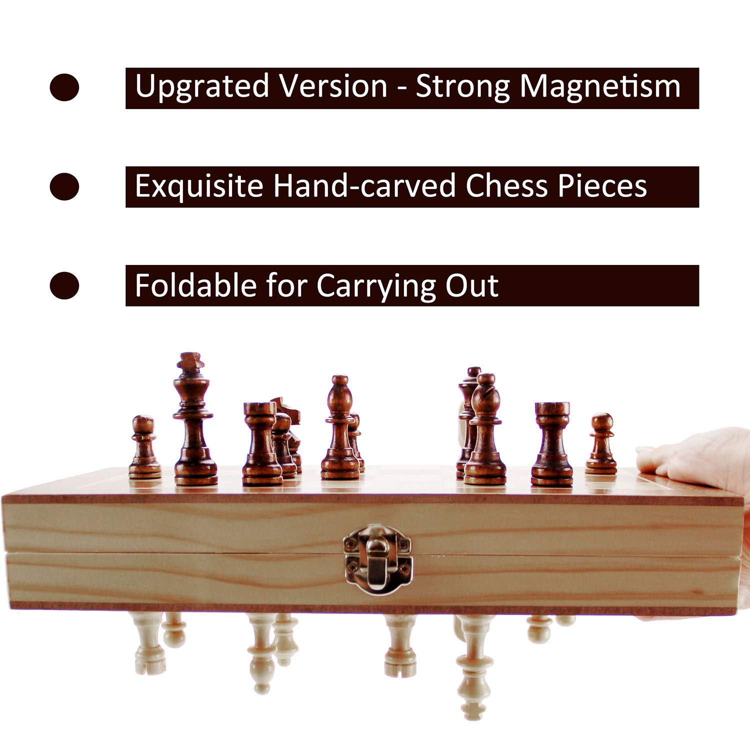 ASNEY Upgraded Magnetic Chess Set, 12β x 12β Folding Wooden Chess Set with Magnetic Crafted Chess Pieces, Chess Game Board Set with Storage Slots, Includes Extra Kings, Queens and Carry Bag