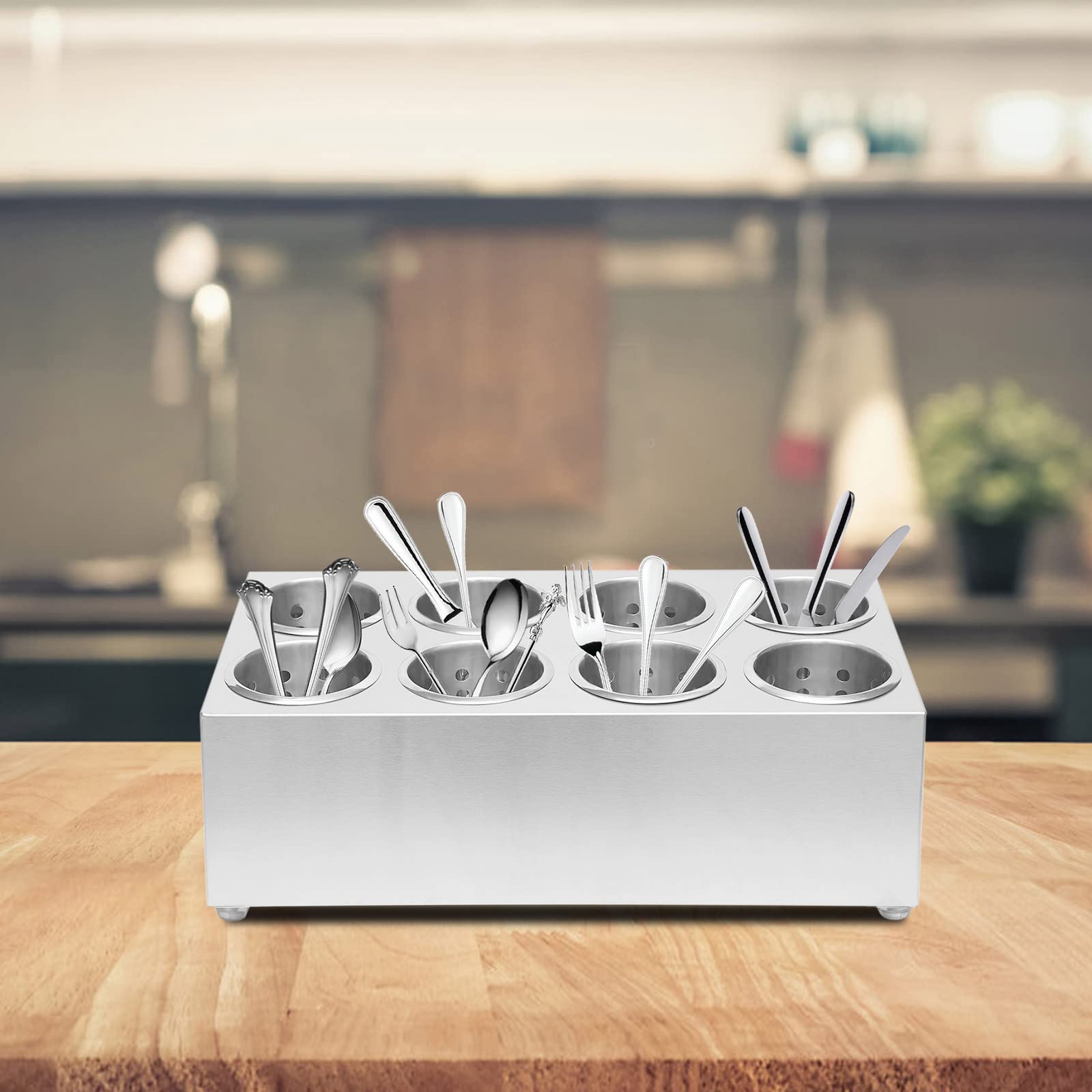 BILPIKOGoo Commercial 8-Hole Stainless Steel Cylinder Flatware Silverware Utensil Holder Organizer, Forks Spoons Knife Utensil Caddy Compact Cutlery Organizer (Sliver)