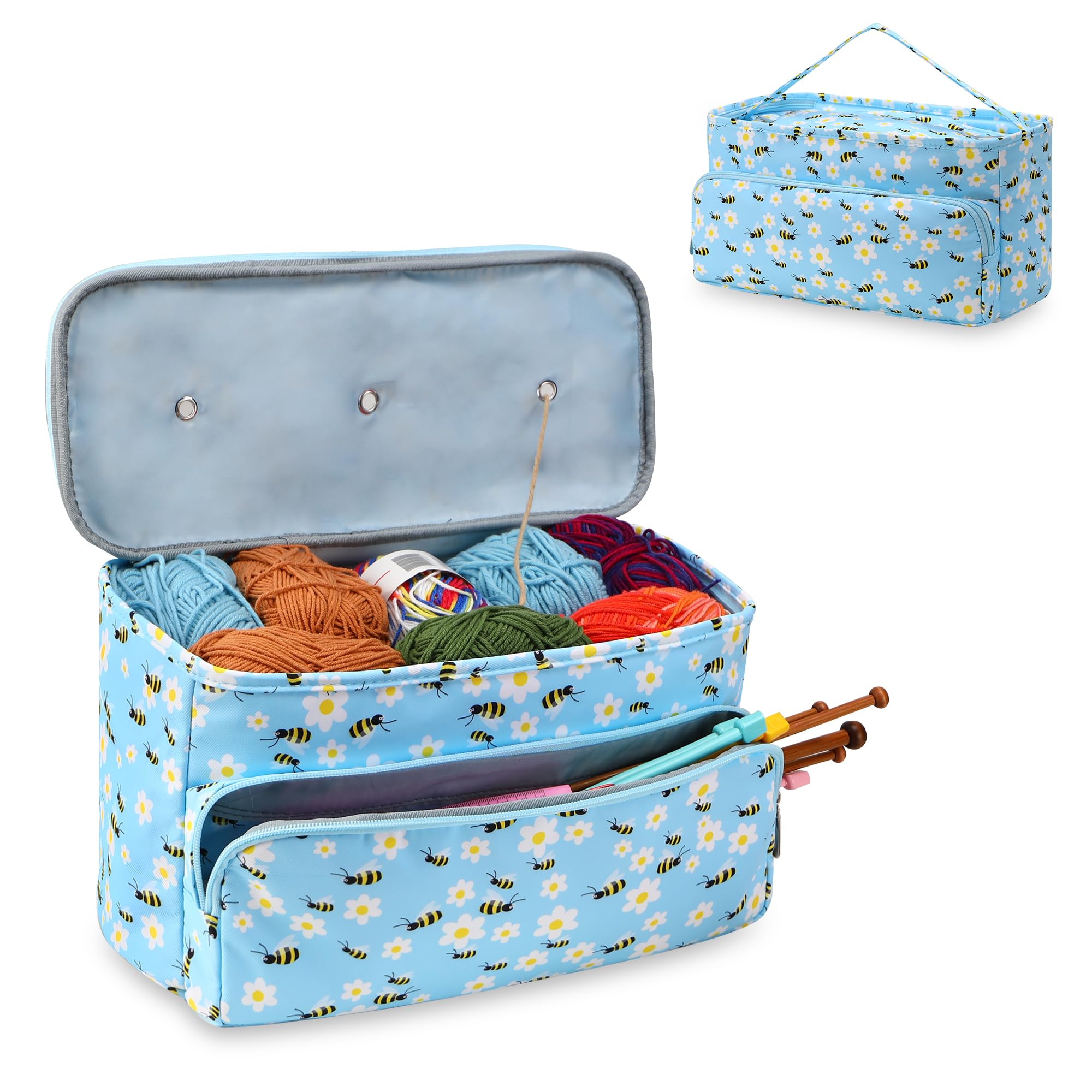 JOZEA Crochet Bag,Yarn Storage Organizer Tangle Free with 3 Grommets, Knitting project Bag and Totes Organizer Large Craft Supplies Bag(Honeybee)