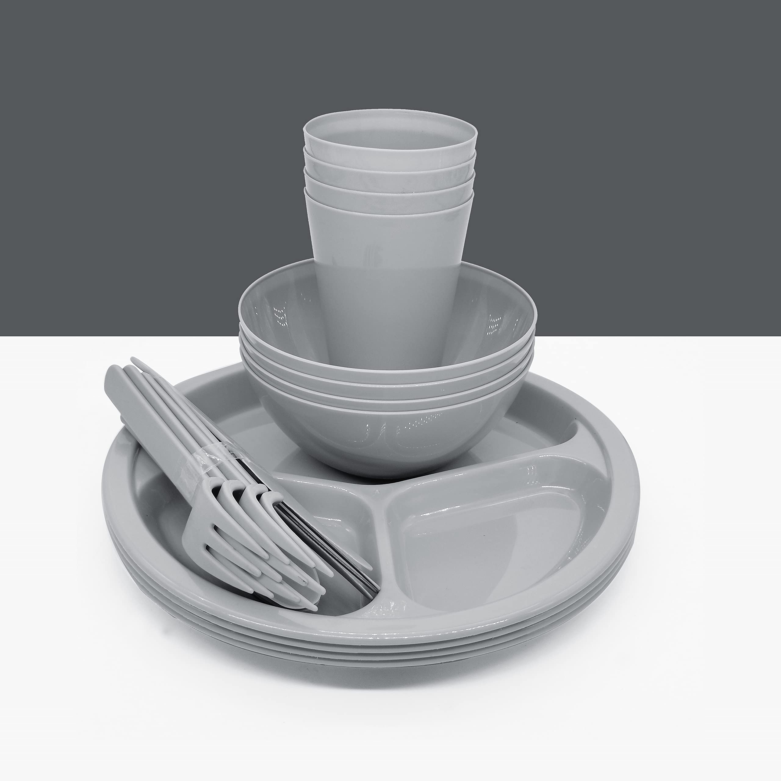 Apartment Essentials for First Apartment Dorm room Essentials Plastic Divided Plates Set Reusable Dishes Set for 4 Microwave Safe Camping Plates Cups and Bowls Set, BPA-Free, 24PCS