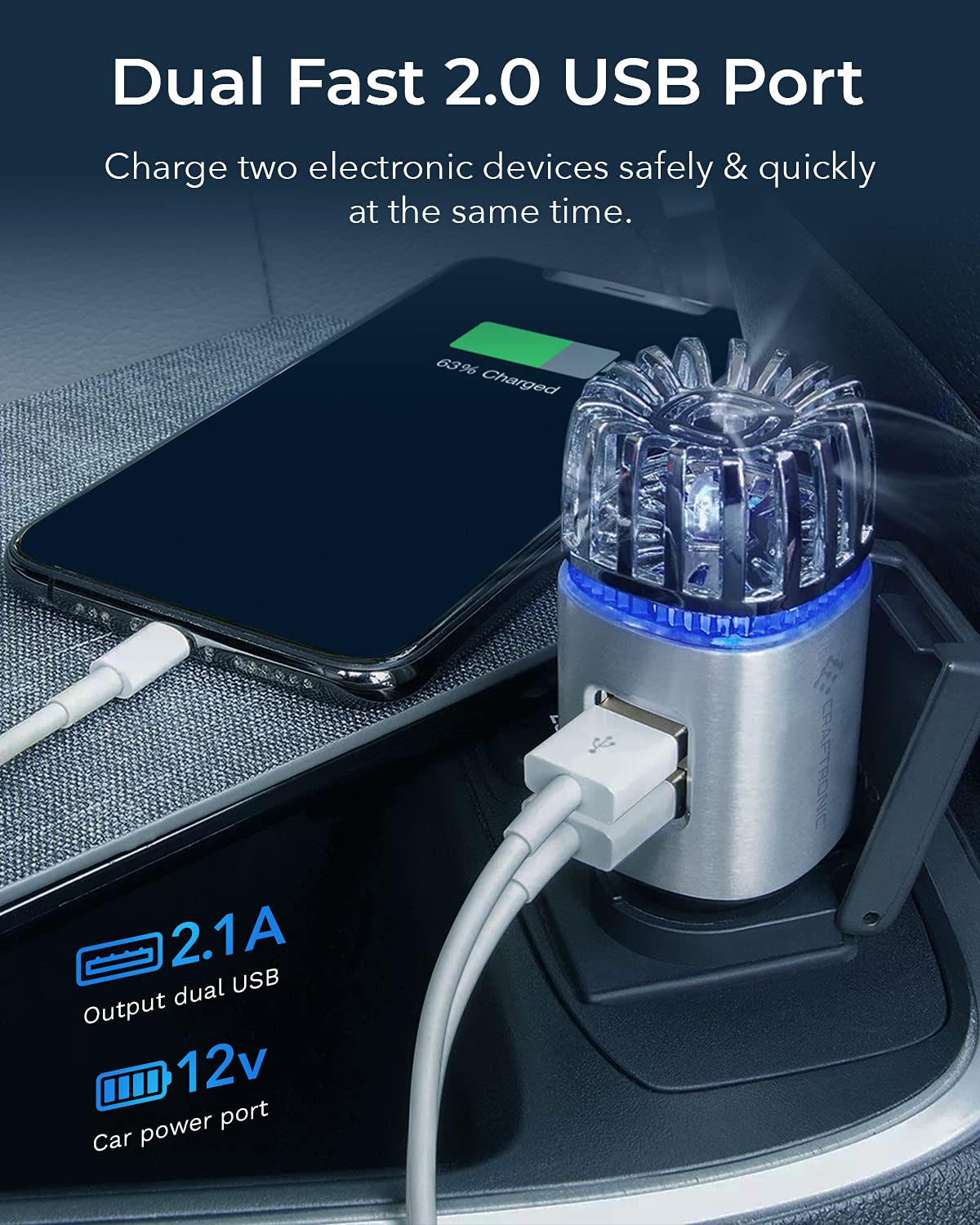 Craftronic 2.0 Ionic HEPA Car Air Purifier - (5.6 million of Negative Ions) Remove Cigarette Smoke & Allergens, Bacteria, Pollutants, Gases (VOCs) + Anti-Microbial Deodorizer Freshener (Silver)