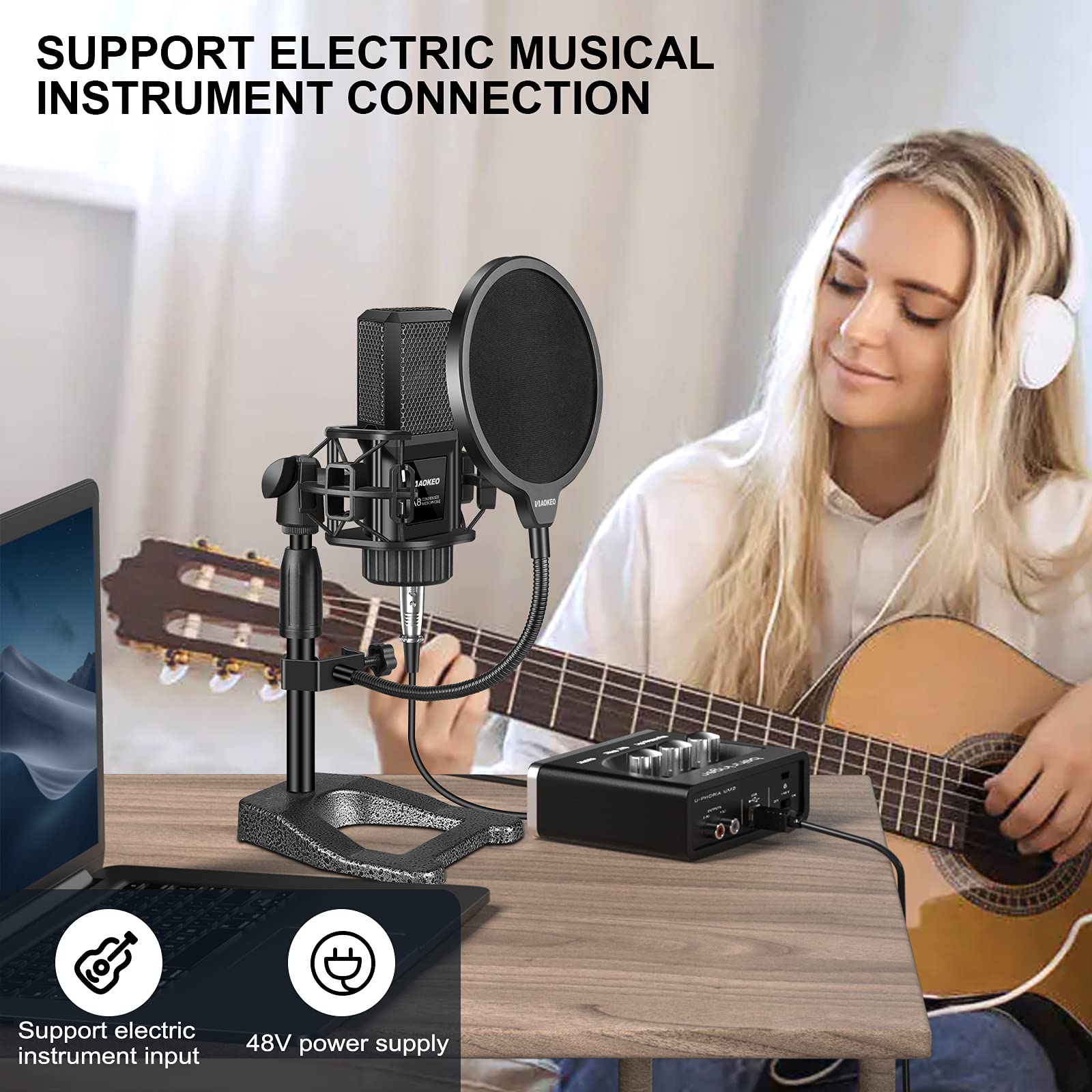Aokeo Computer Microphone, Pc Mic and BEHRINGER UM2 Audio Interface,Studio Condenser Microphone with Shock Mount, Pop Filter, and XLR Cable Studio Microphone for Music