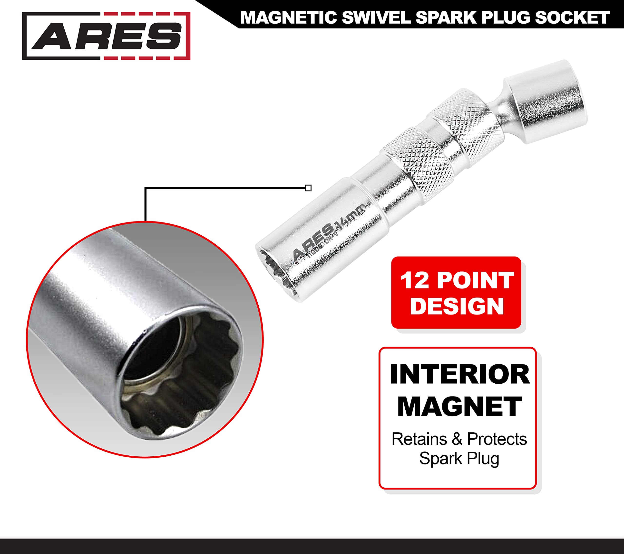 ARES 11000-14mm Thin Wall Magnetic Swivel Spark Plug Socket - 3/8-Inch Drive 12-Point Spark Plug Socket - Walls 2mm Thinner Than Standard Spark Plug Sockets