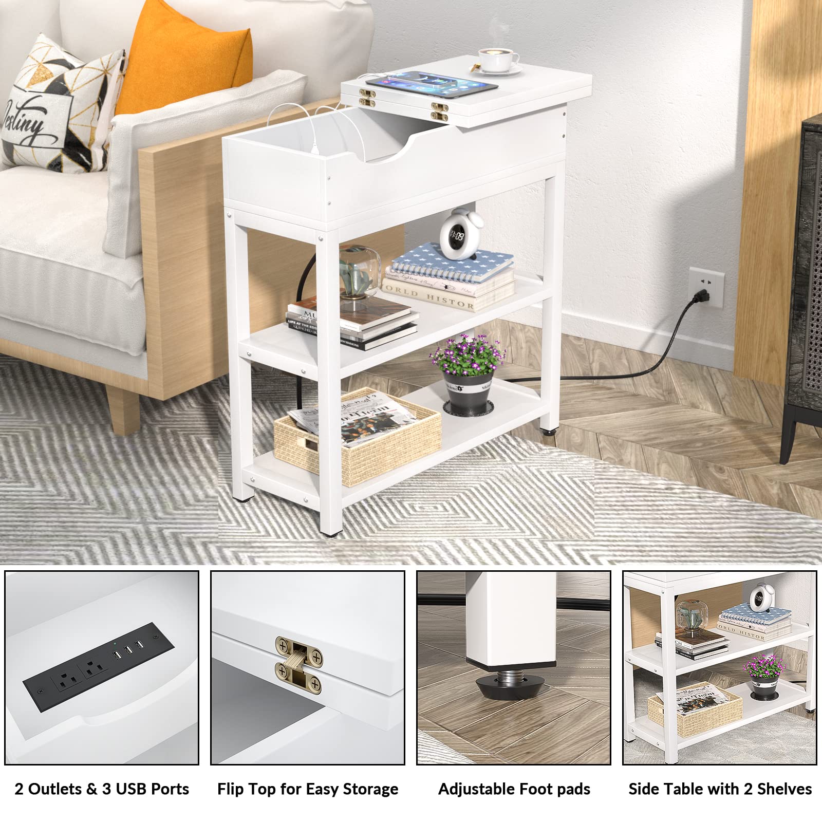 Aheaplus Sofa Side Table with USB Ports and Outlets, Narrow End Table Set of 2 with Charging Station, Bedside Nightstand with Storage Shelves, Slim Side Table，White