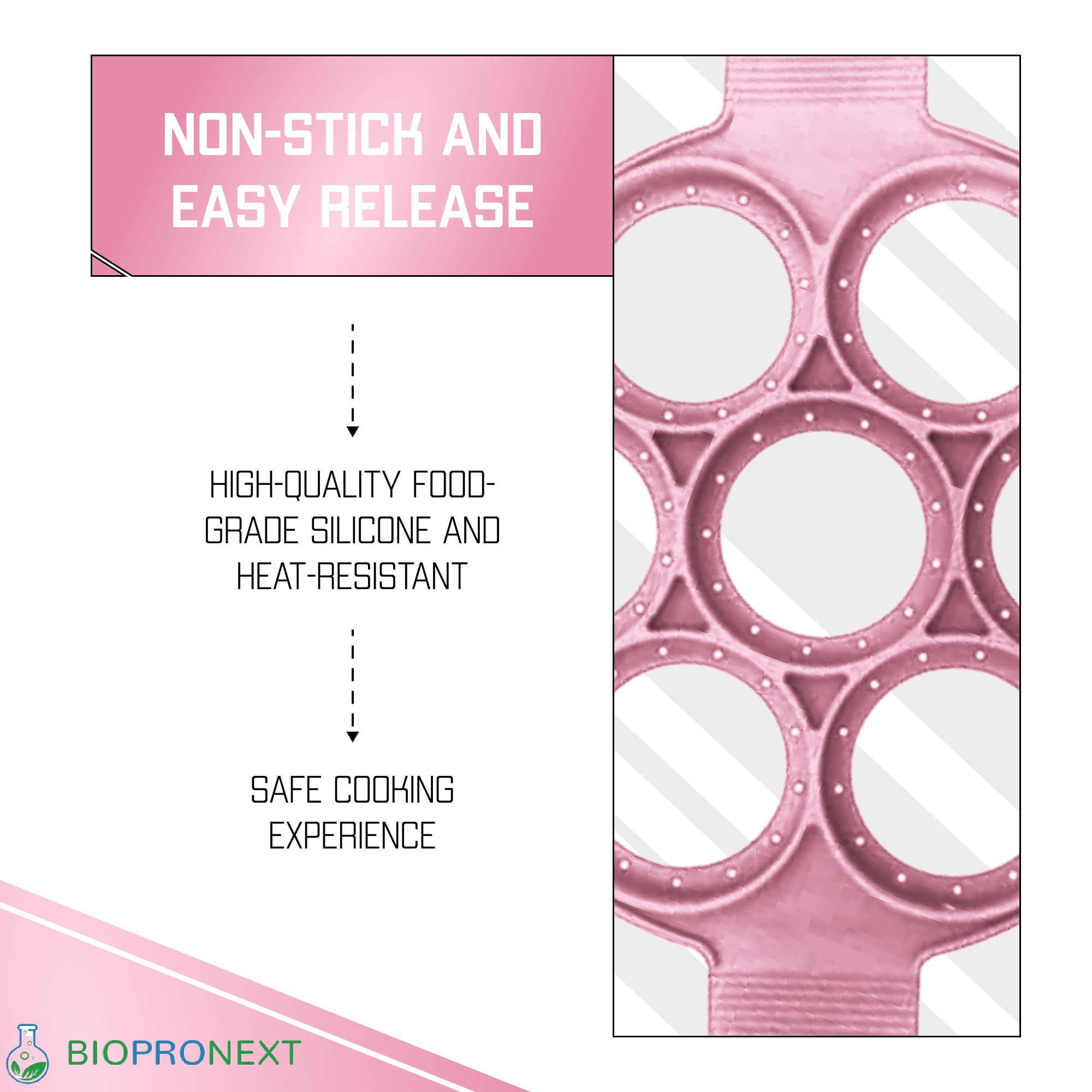 BIOPRONEXT Silicone Non Stick Pancake Maker - 7 Circles Mini Pancake Mold - Silicone Pancake Mold - Silicone Egg Rings for Griddle with Handles - Pancake Molds for Griddle Frying Eggs - Pink