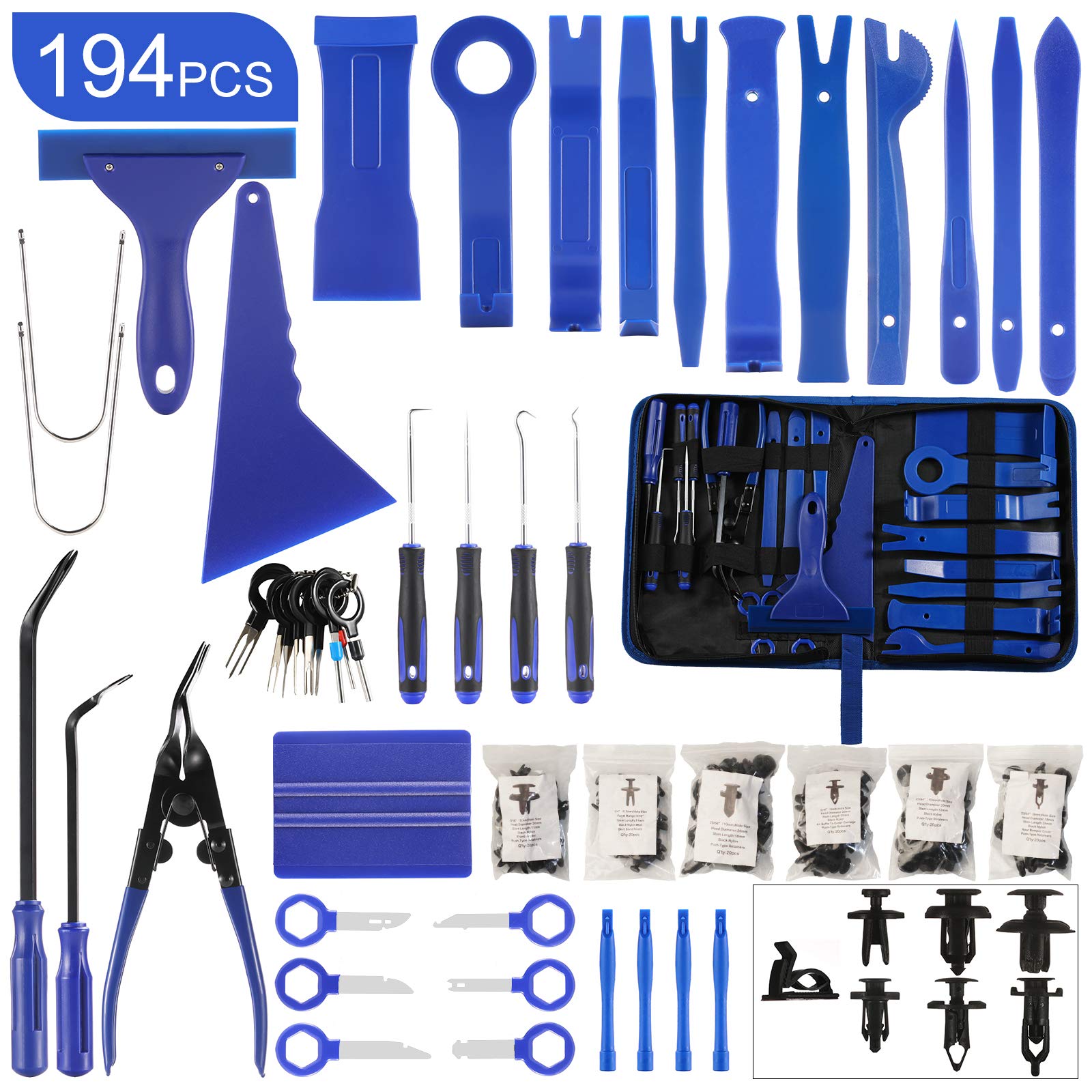 Avolare 194Pcs Trim Removal Tool Kit, Car Removal Tool Set for Trim Door Panel Audio Dash Window, Auto Clip Pliers Fastener Remover Pry Tool Kit, Car Upholstery Removal Tool with Storage Bag, Blue