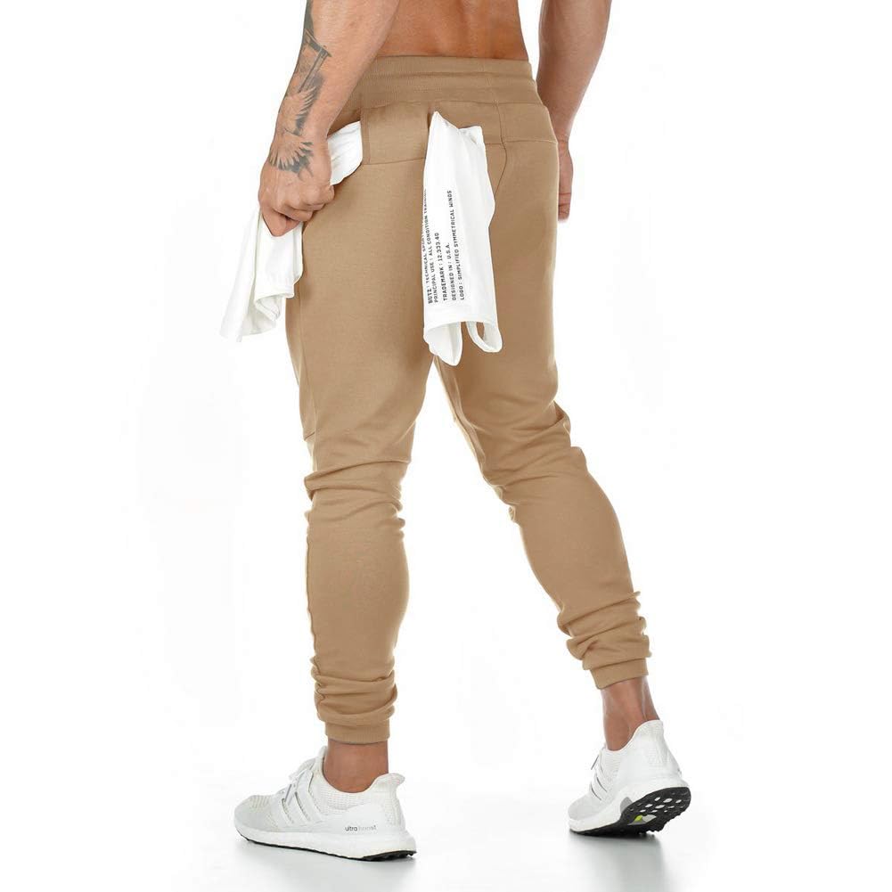 AOTORR Men's Slim Fit Joggers Casual Slim Sweatpants Workout Running Track Pants with Zipper Pockets Khaki L
