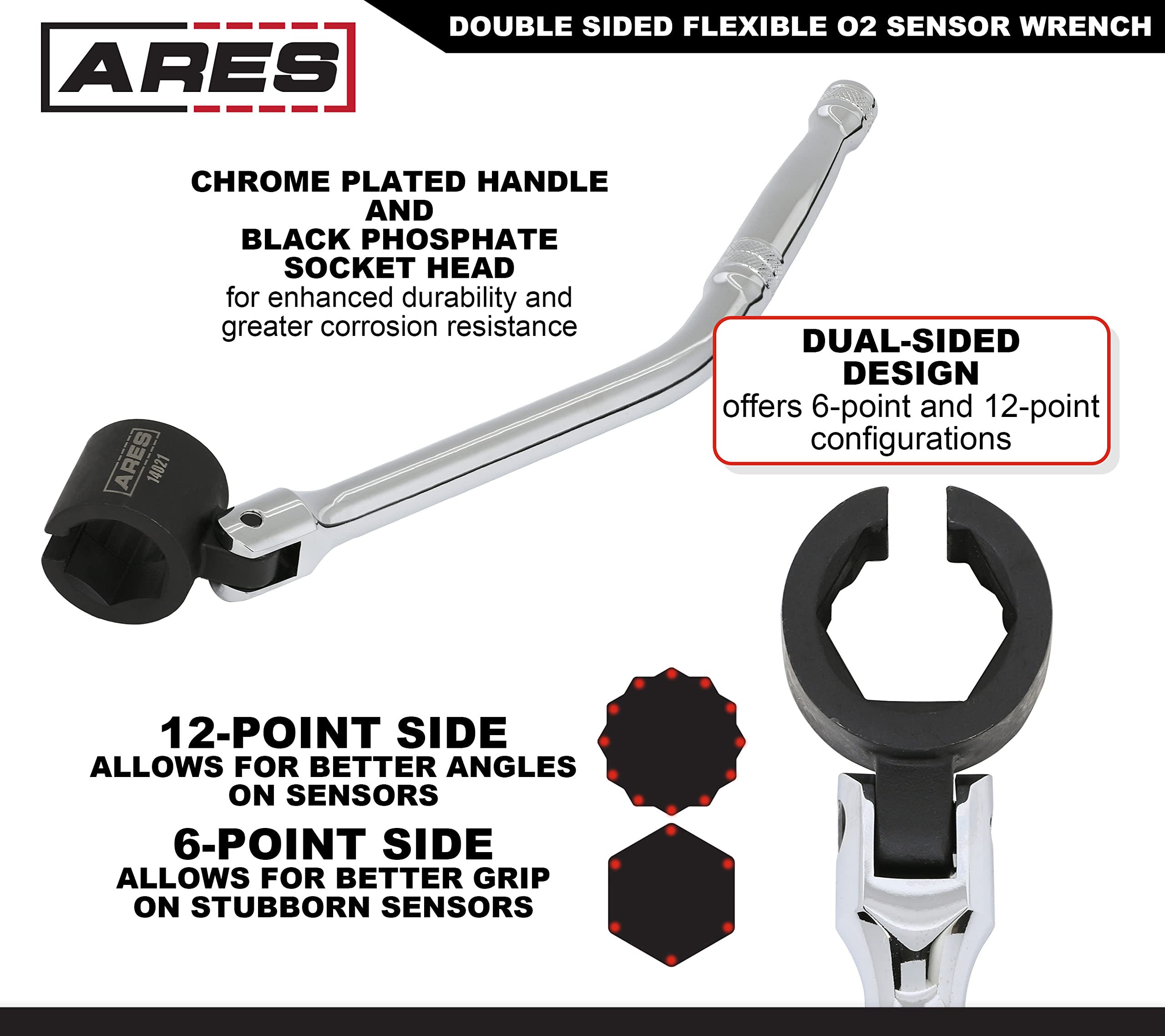 ARES 14021 – Double Sided Flexible O2 Sensor Wrench – Flex Head Design for Access in Tight Spaces – 6 Point and 12 Point Socket Head Configurations - Remove and Install 7/8” (22mm) O2 Sensors