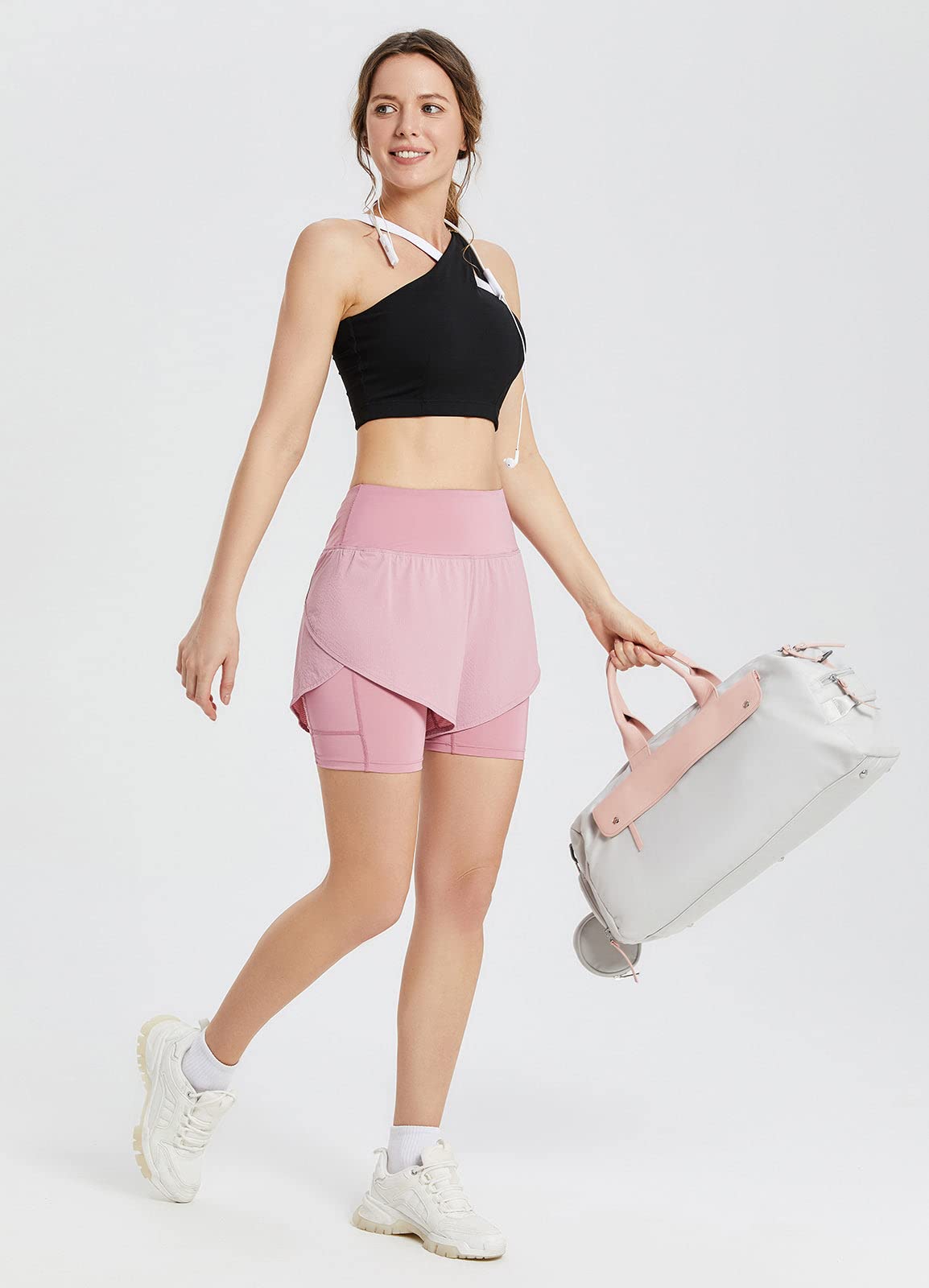 BALEAF Women's Running Shorts 2 in 1 High Waist with Pockets Workout Gym Shorts Liner Purple M