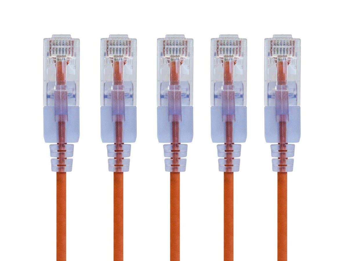 Monoprice SlimRun Cat6A Ethernet Patch Cable - Network Internet Cord - RJ45, Stranded, UTP, Pure Bare Copper Wire, 30AWG, 2 Feet, Orange, 5-Pack