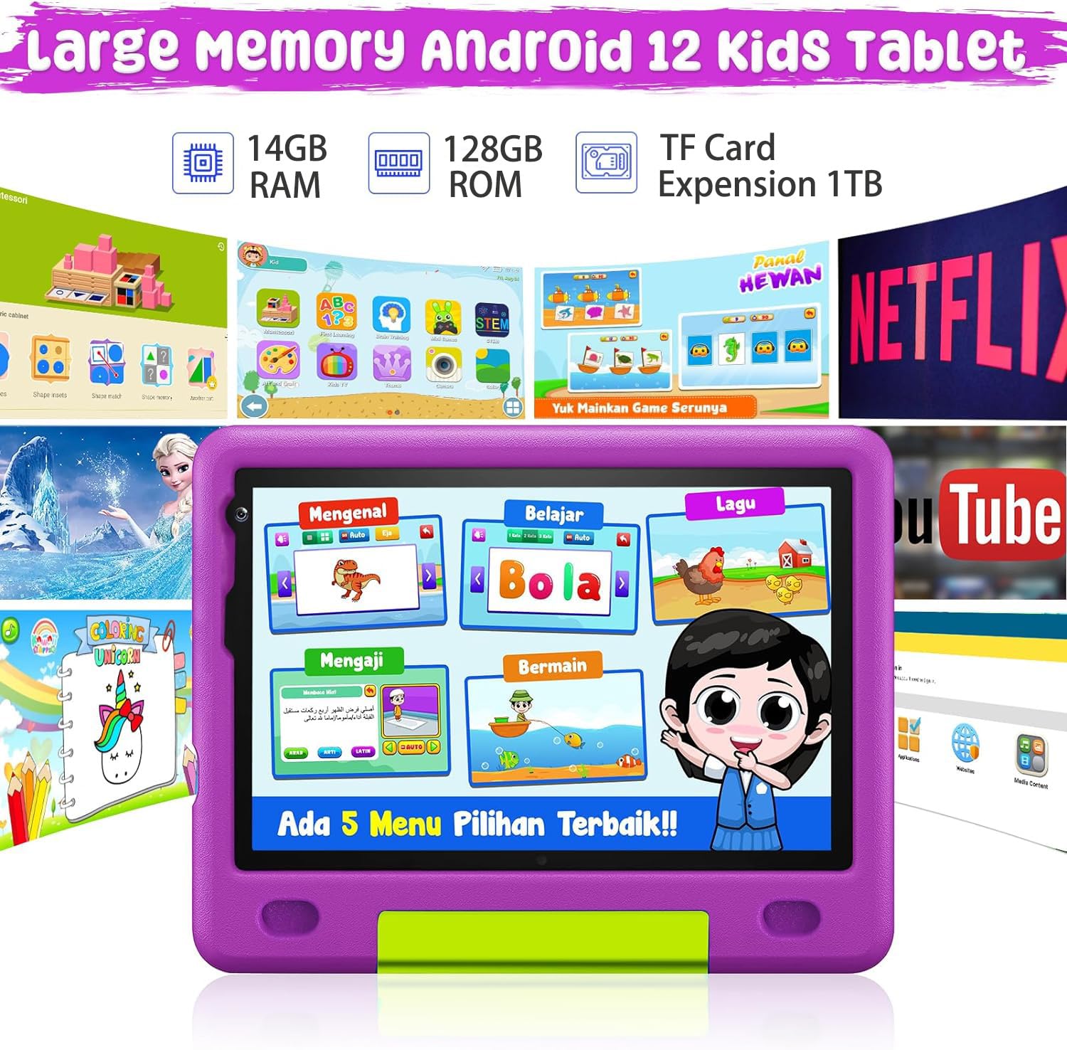 AOYODKG Tablet 9 inch, Android 12 Tablet, 14GB RAM 128GB ROM, 2.4G/5G WiFi Tablet with Shockproof Case, Parental Control, Bluetooth, Educational, Dual Camera, Games, Purple