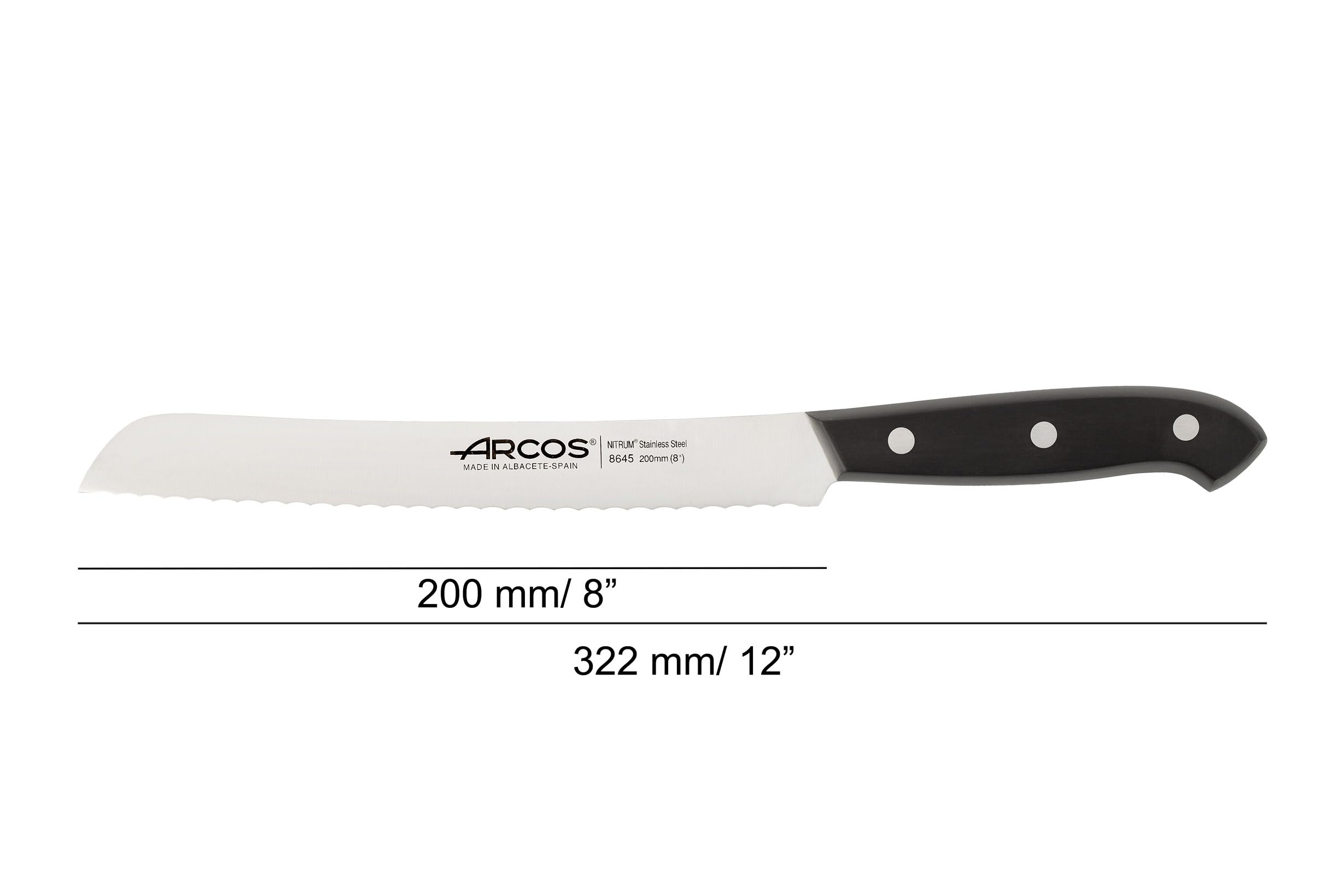 ARCOS Bread Knife 8 Inch Serrated Nitrum Stainless Steel and 200 mm blade. Kitchen Knife. Ergonomic Polyoxymethylene POM Handle. Series Bolonia. Color Black