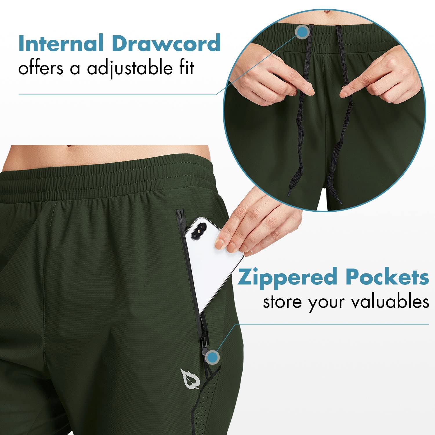 BALEAF Women's Lightweight Hiking Joggers Quick Dry Running UPF 50+ Pants Athletic Zipper Pockets Army Green L